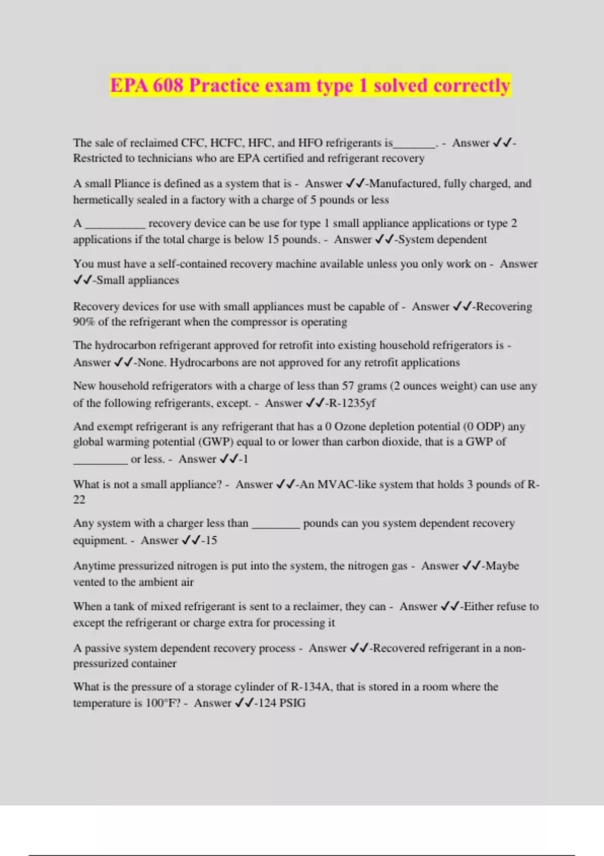 EPA 608 Practice exam type 1 solved correctly - EPA 608 - Stuvia US