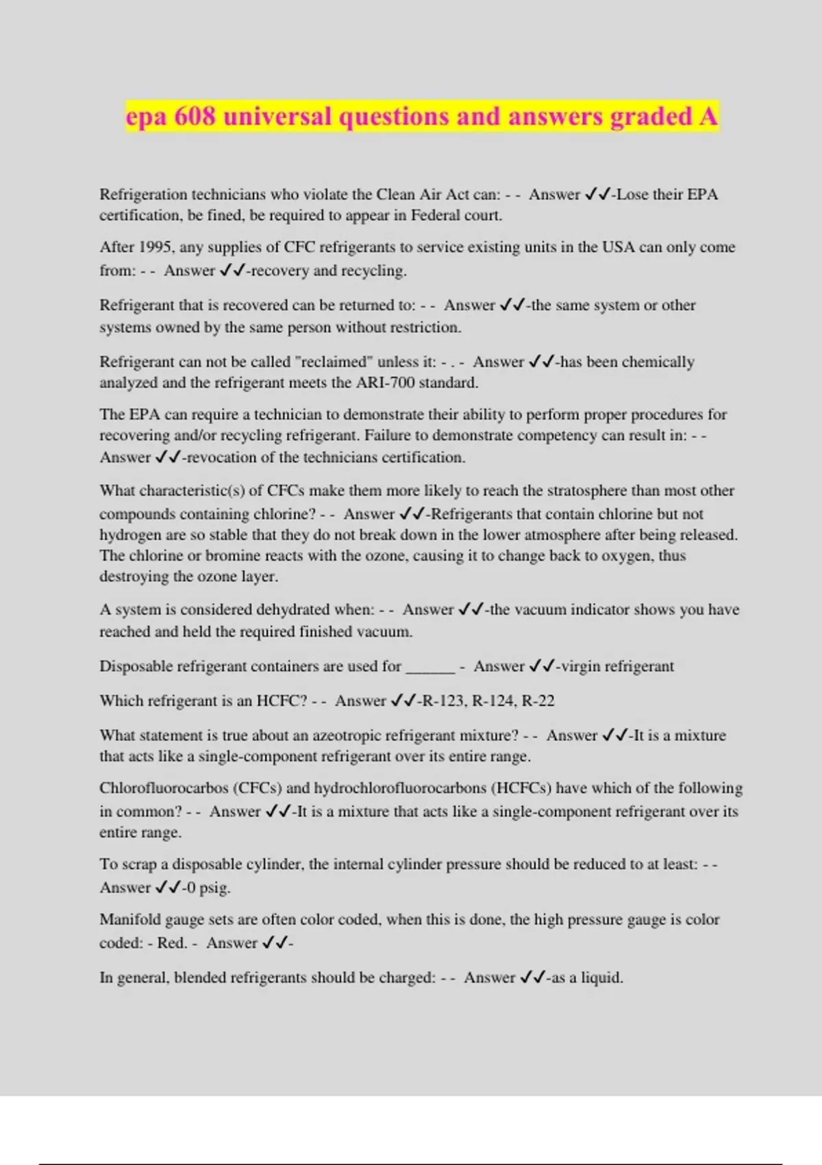 epa 608 universal questions and answers graded A - EPA 608 - Stuvia US