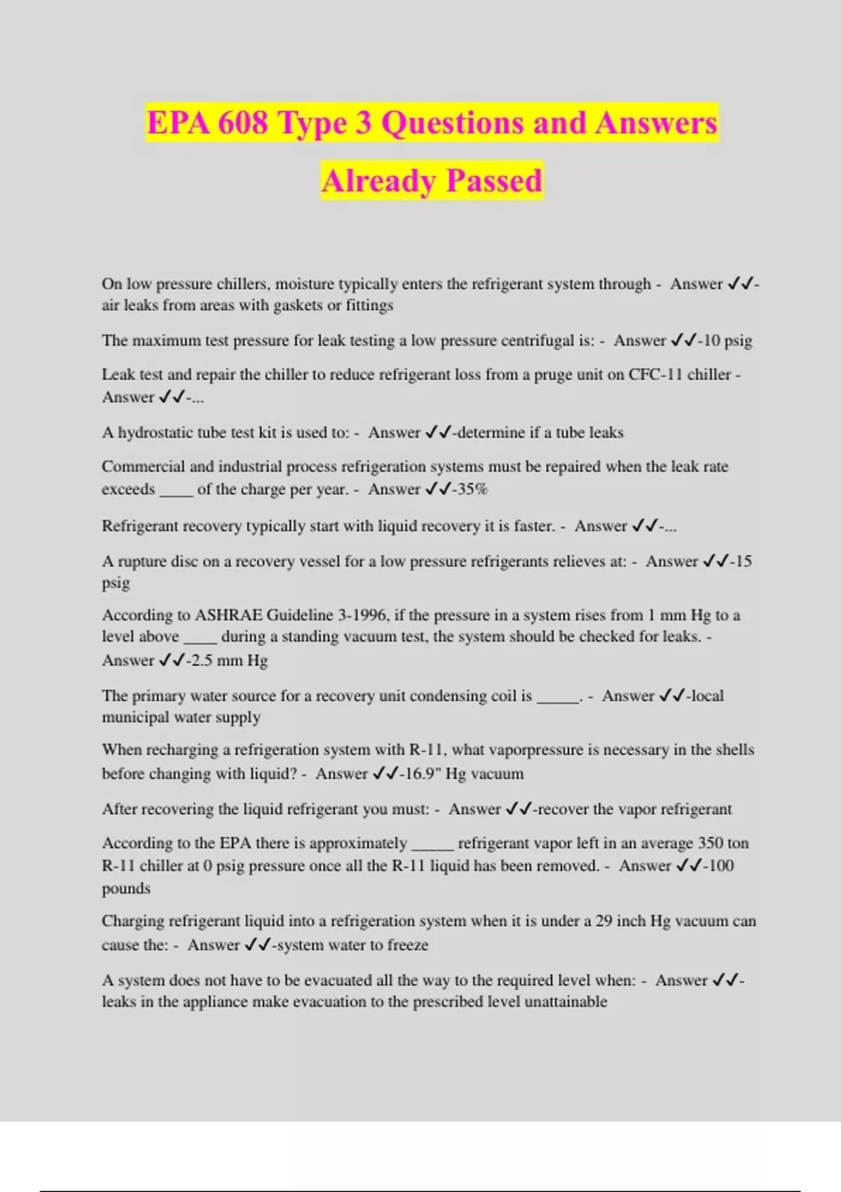 EPA 608 Type 3 Questions and Answers Already Passed - EPA 608 - Stuvia US