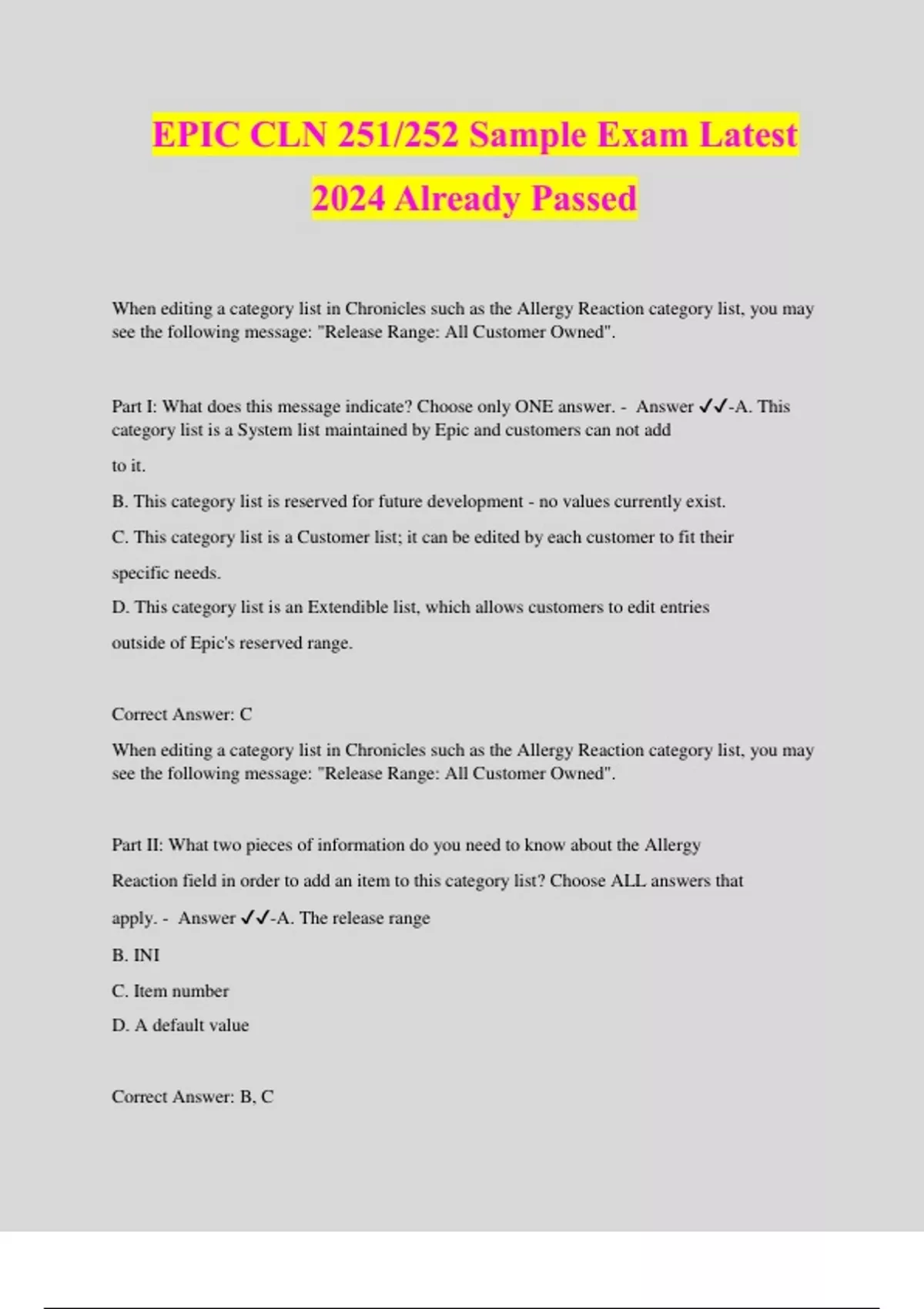 EPIC CLN 251/252 Sample Exam Latest 2024 Already Passed - EPIC - Stuvia US