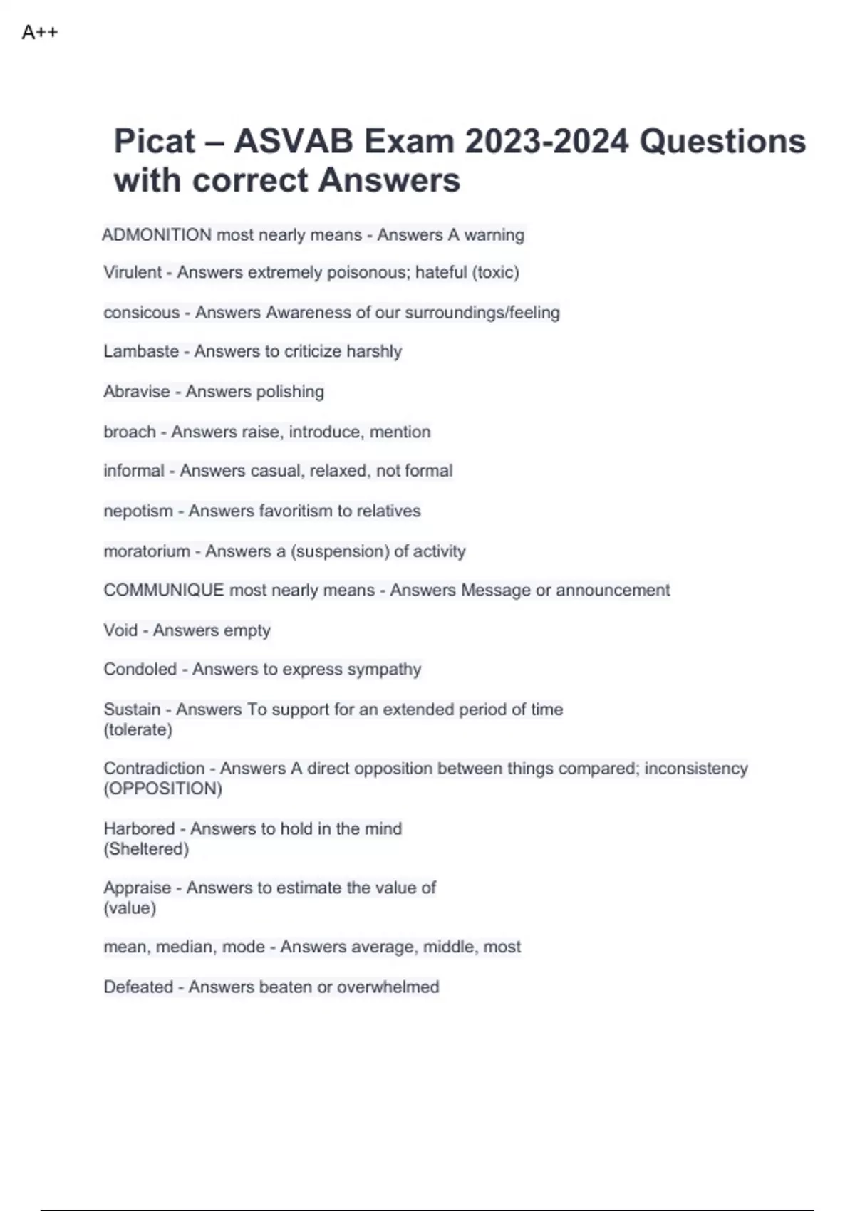 Picat – ASVAB Exam Questions with correct Answers - Picat – ASVAB ...