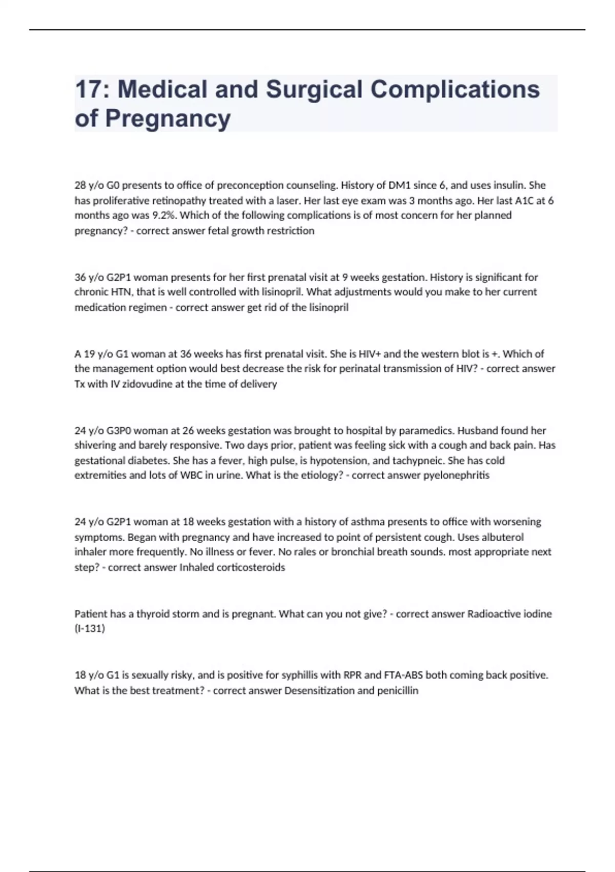 17: Medical and Surgical Complications of Pregnancy fully solved 2023/ ...