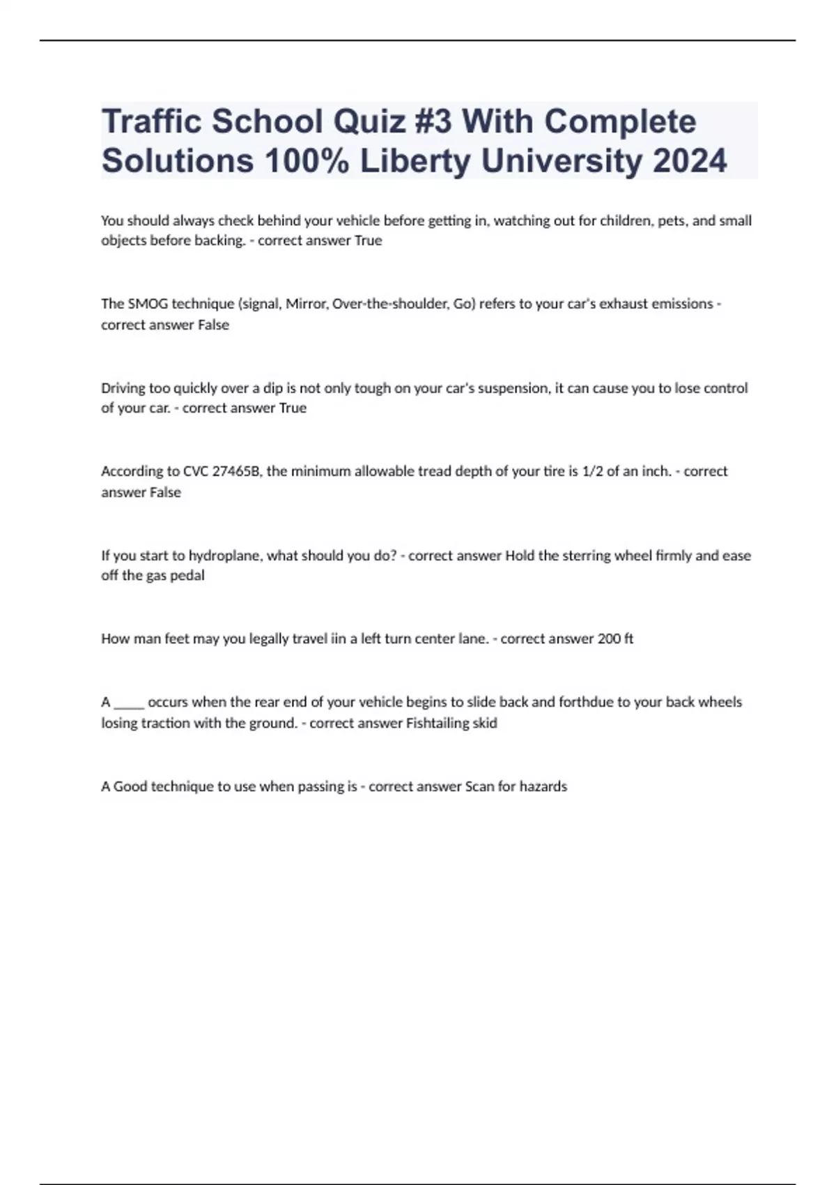 Traffic School Quiz #3 With Complete Solutions 100% Liberty University 2024 - Traffic School ...