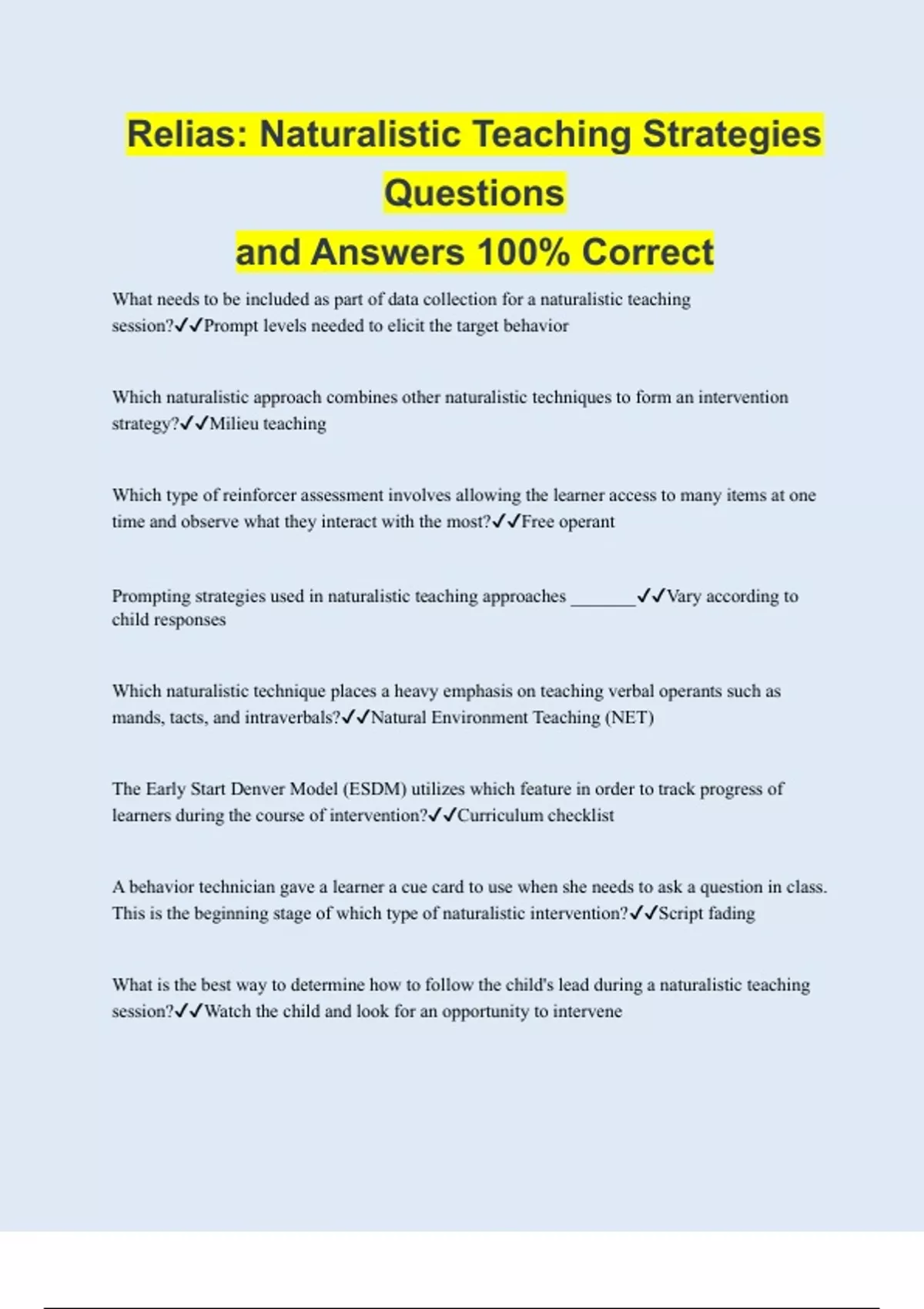 Relias: Naturalistic Teaching Strategies Questions and Answers 100% ...