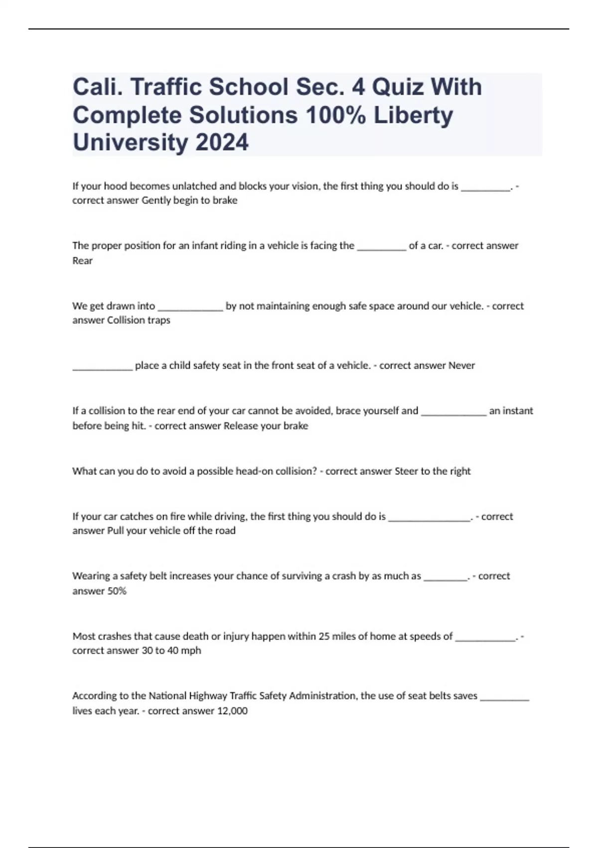 Cali. Traffic School Sec. 4 Quiz With Complete Solutions 100% Liberty ...