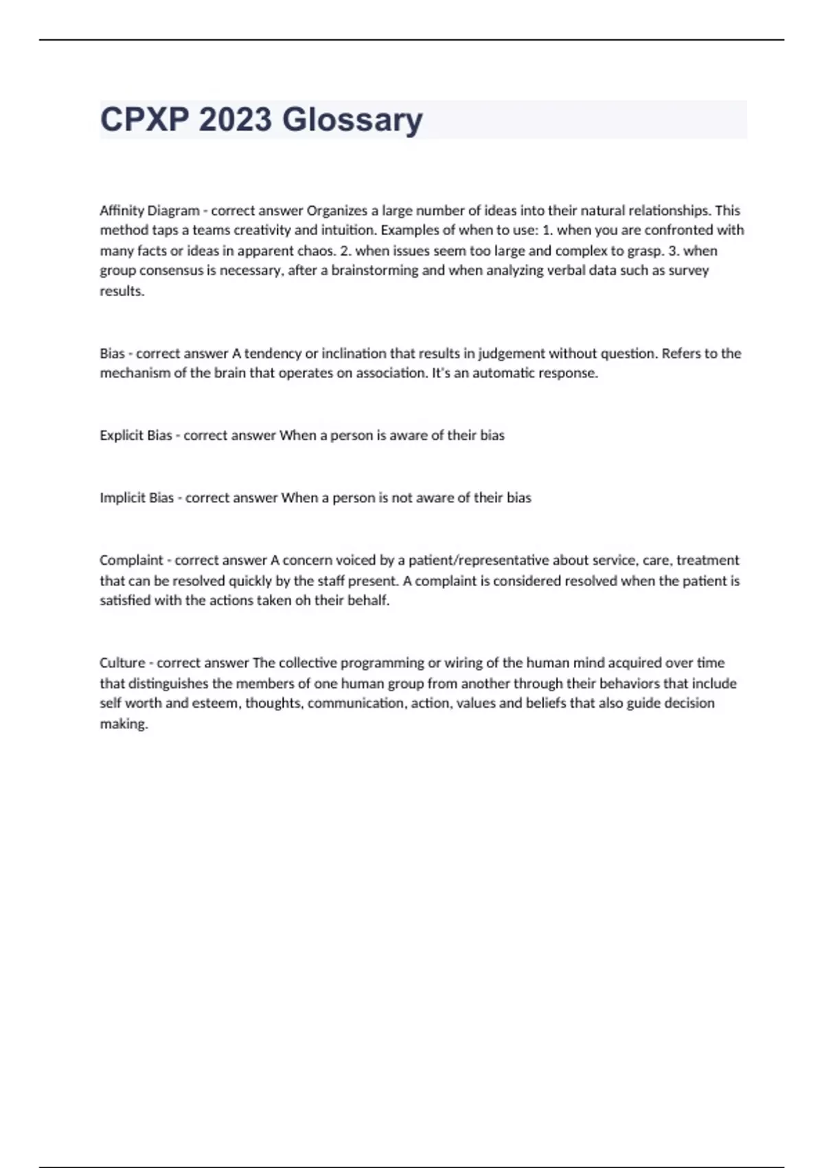 CPXP 2023 Glossary questions with correct answers graded A+ 2023/2024 ...