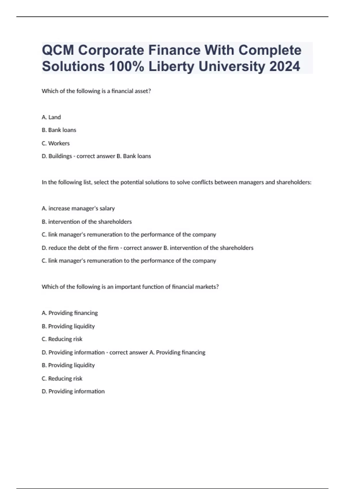 QCM Corporate Finance With Complete Solutions 100% Liberty University ...