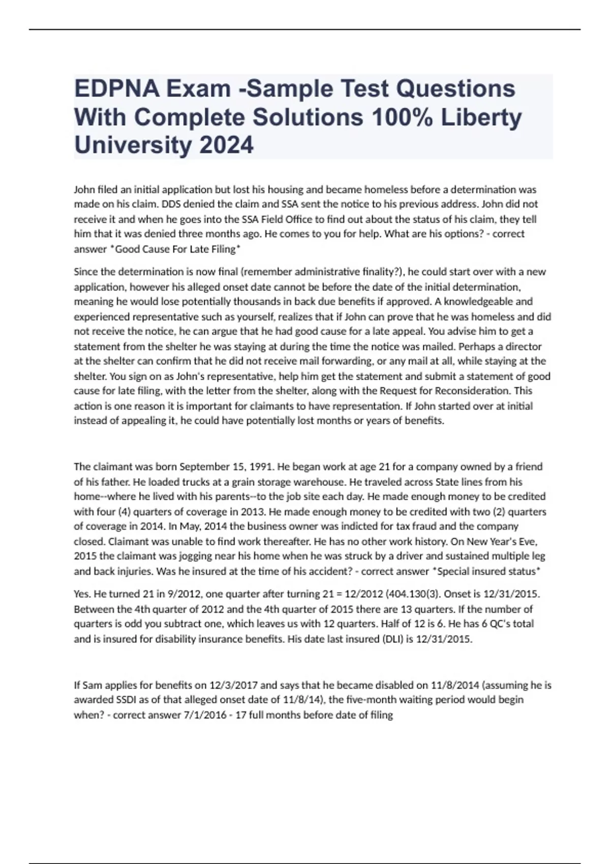 EDPNA Exam -Sample Test Questions With Complete Solutions 100% Liberty ...