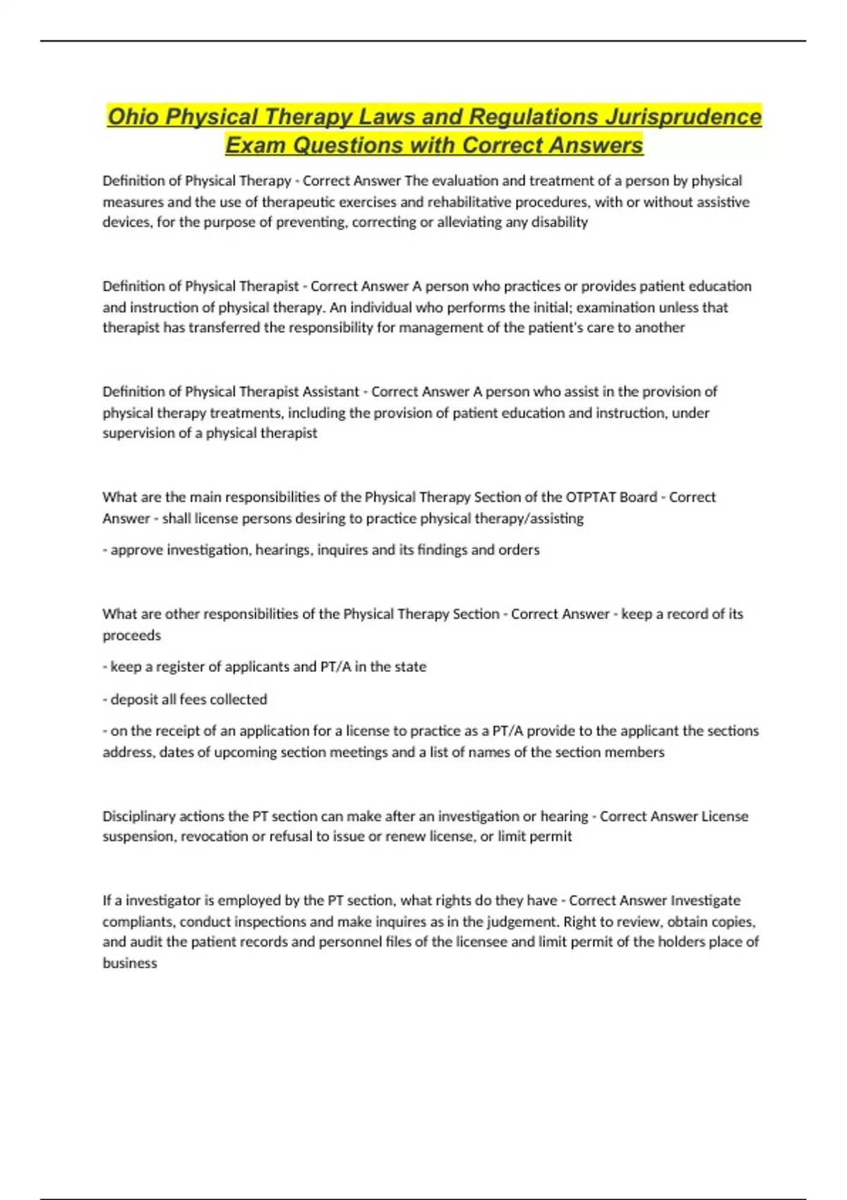 Ohio Physical Therapy Laws and Regulations Jurisprudence Exam Questions ...