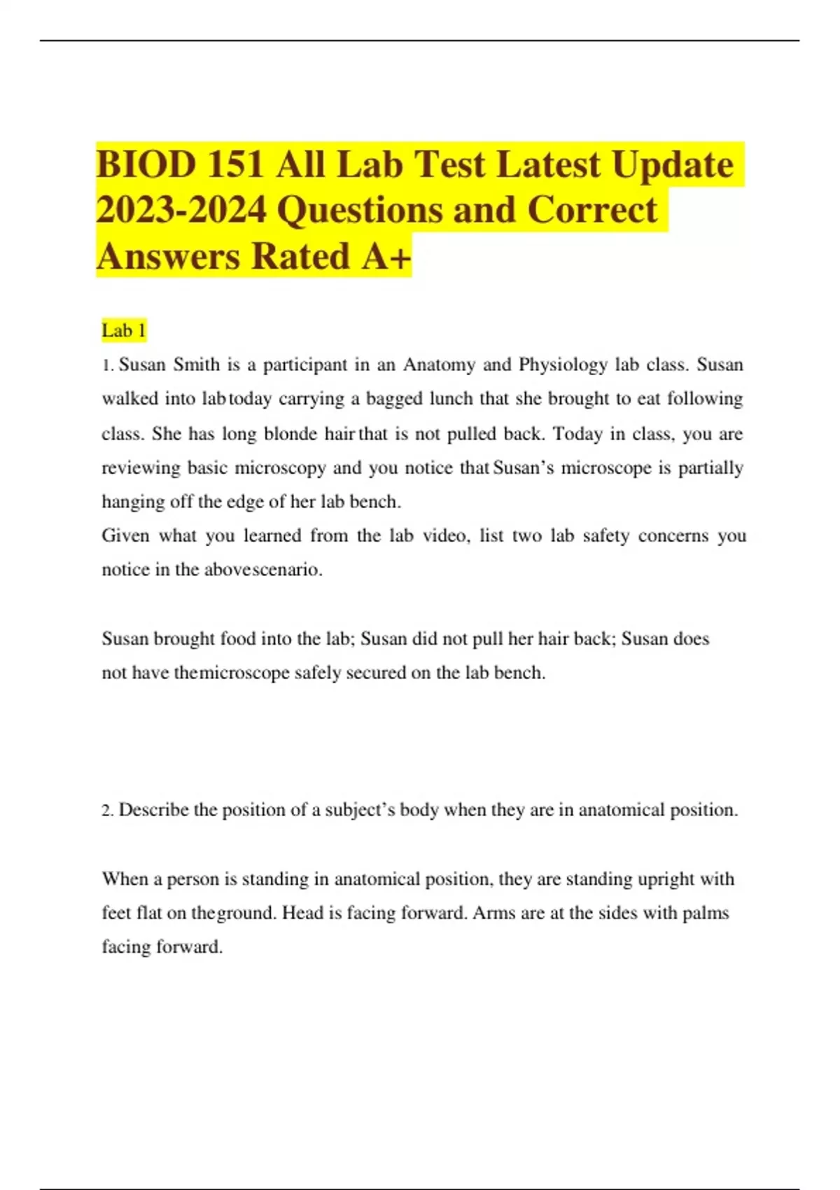 BIOD 151 All Lab Test Latest Update Questions and Correct Answers Rated ...