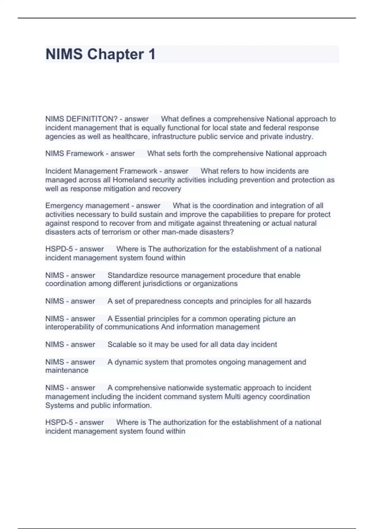 NIMS Chapter 1 Questions and Answers 100% correct 2024 - NIMS - Stuvia US