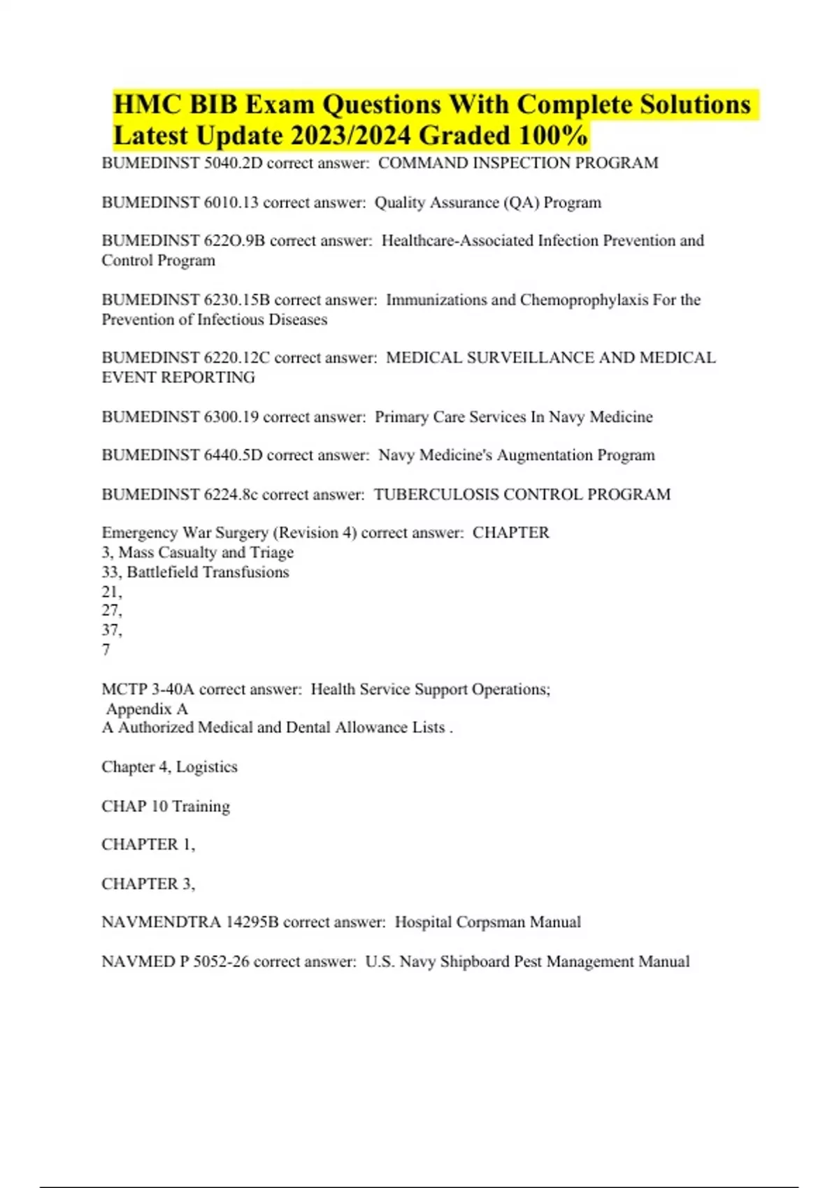 HMC BIB Exam Questions With Solutions Latest Update 2024 (Graded A+ ...
