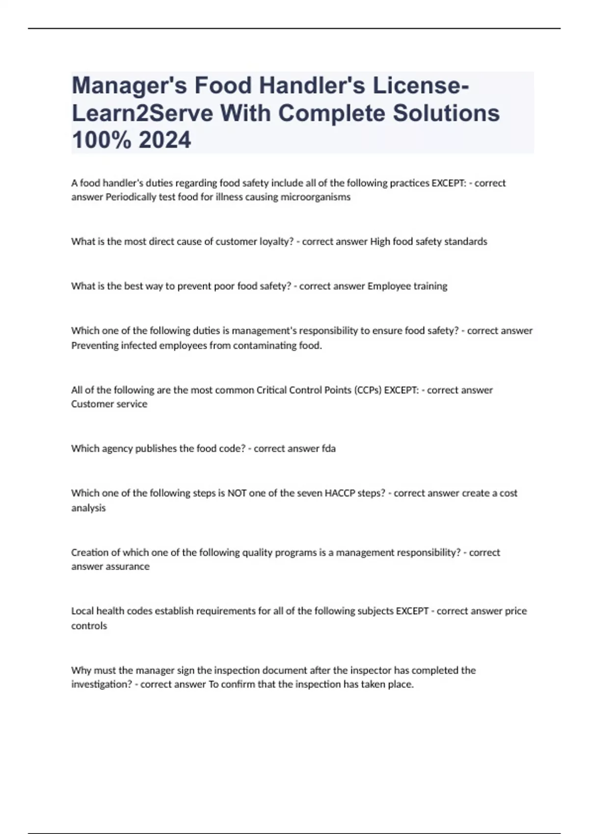 Manager's Food Handler's License- Learn2Serve With Complete Solutions ...