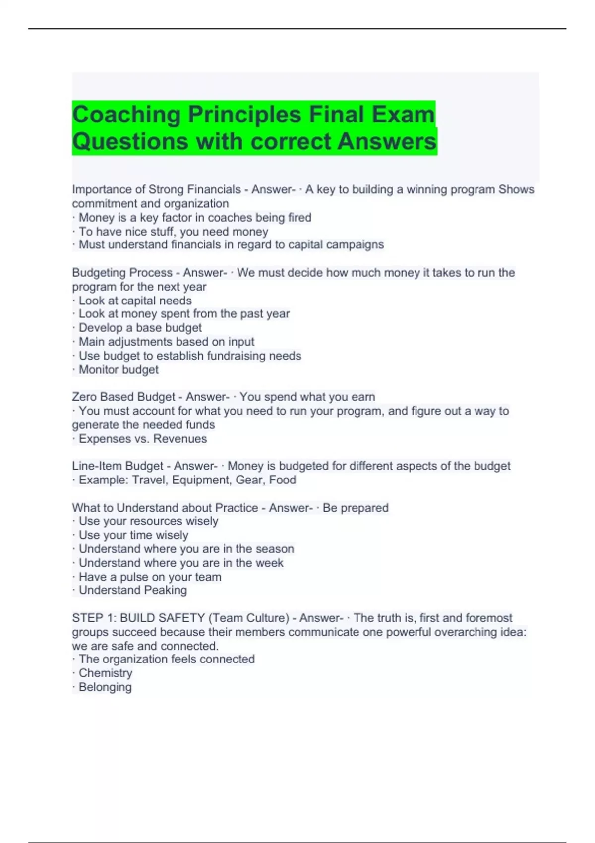 Coaching Principles Final Exam Questions with correct Answers ...