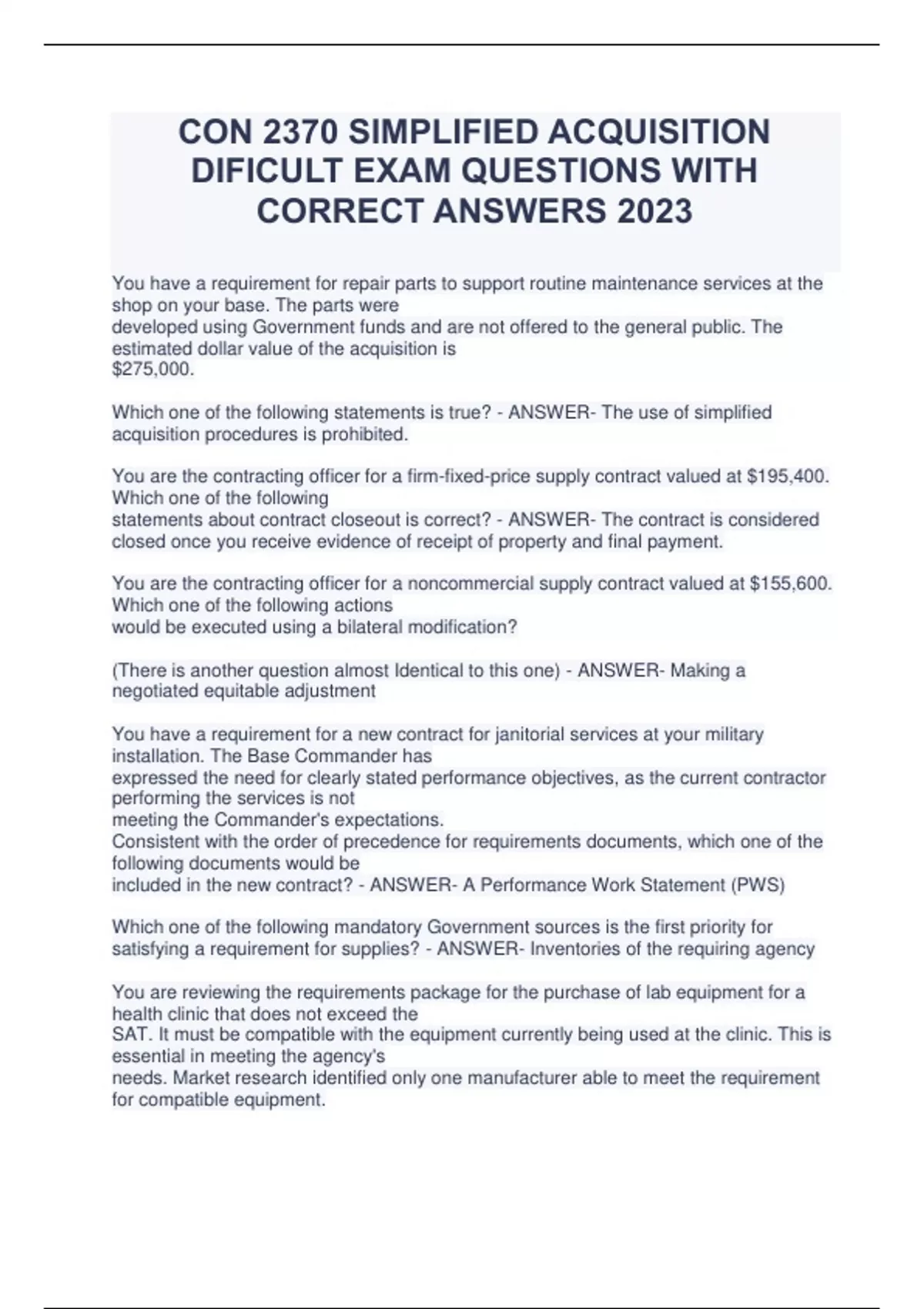 CON 2370 SIMPLIFIED ACQUISITION DIFICULT EXAM QUESTIONS WITH CORRECT ...