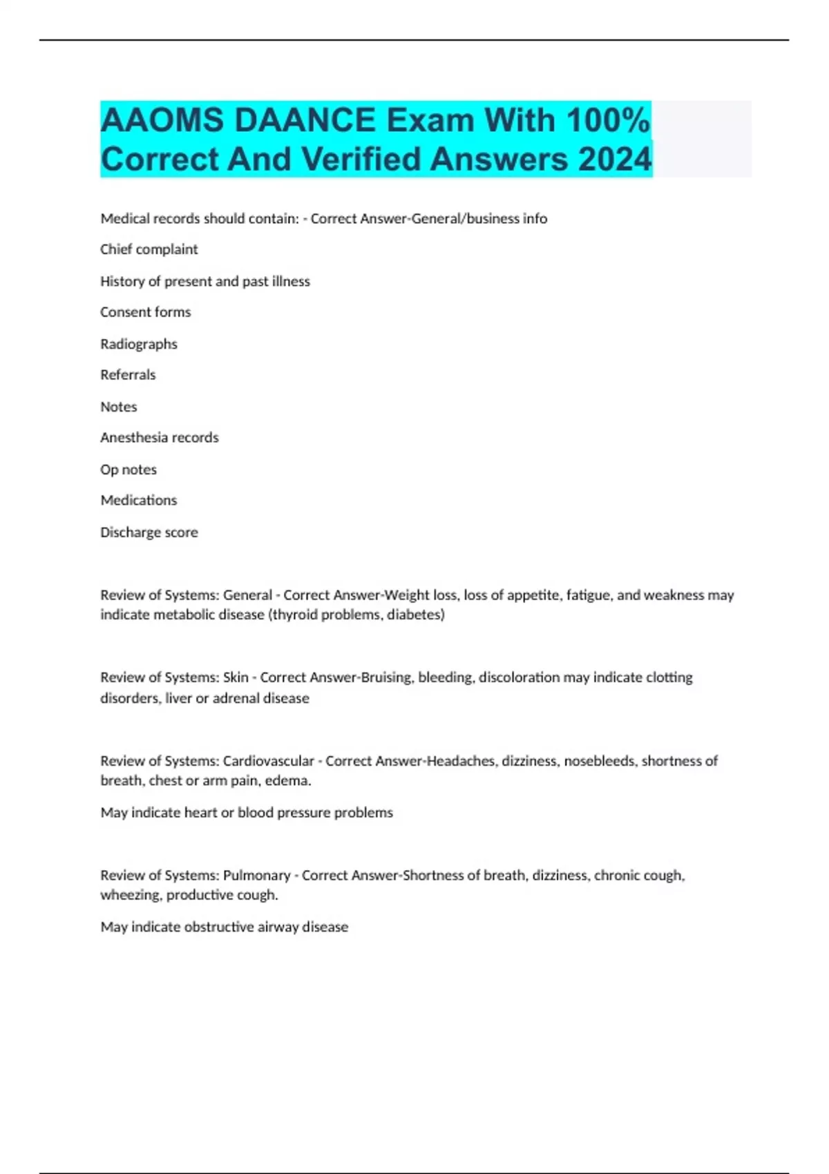 AAOMS DAANCE Exam With 100% Correct And Verified Answers 2024 - AAOMS ...