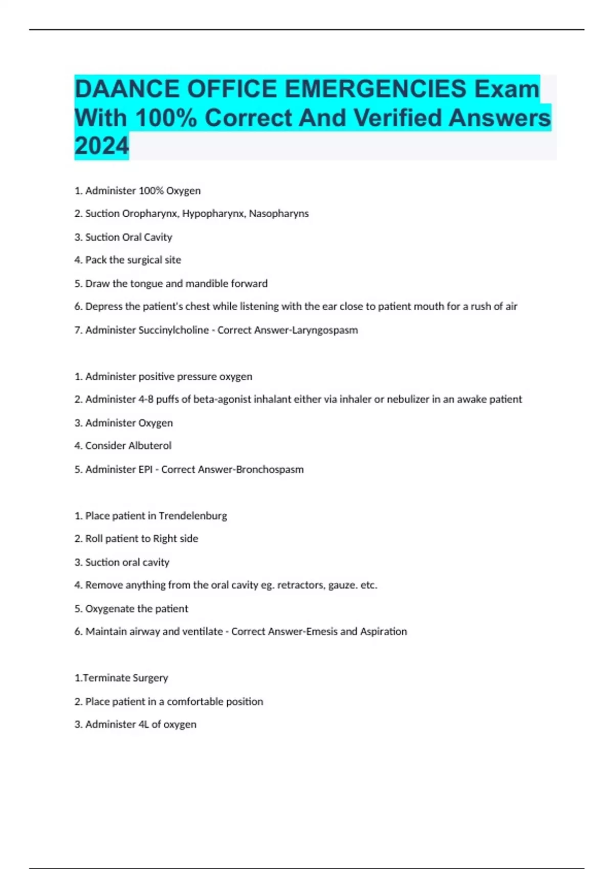 DAANCE OFFICE EMERGENCIES Exam With 100% Correct And Verified Answers ...