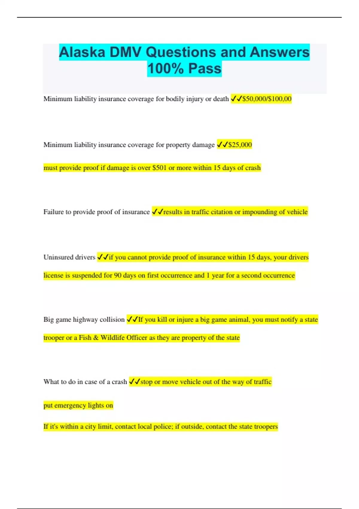 Alaska DMV Questions and Answers 100% Pass - Alaska DMV - Stuvia US