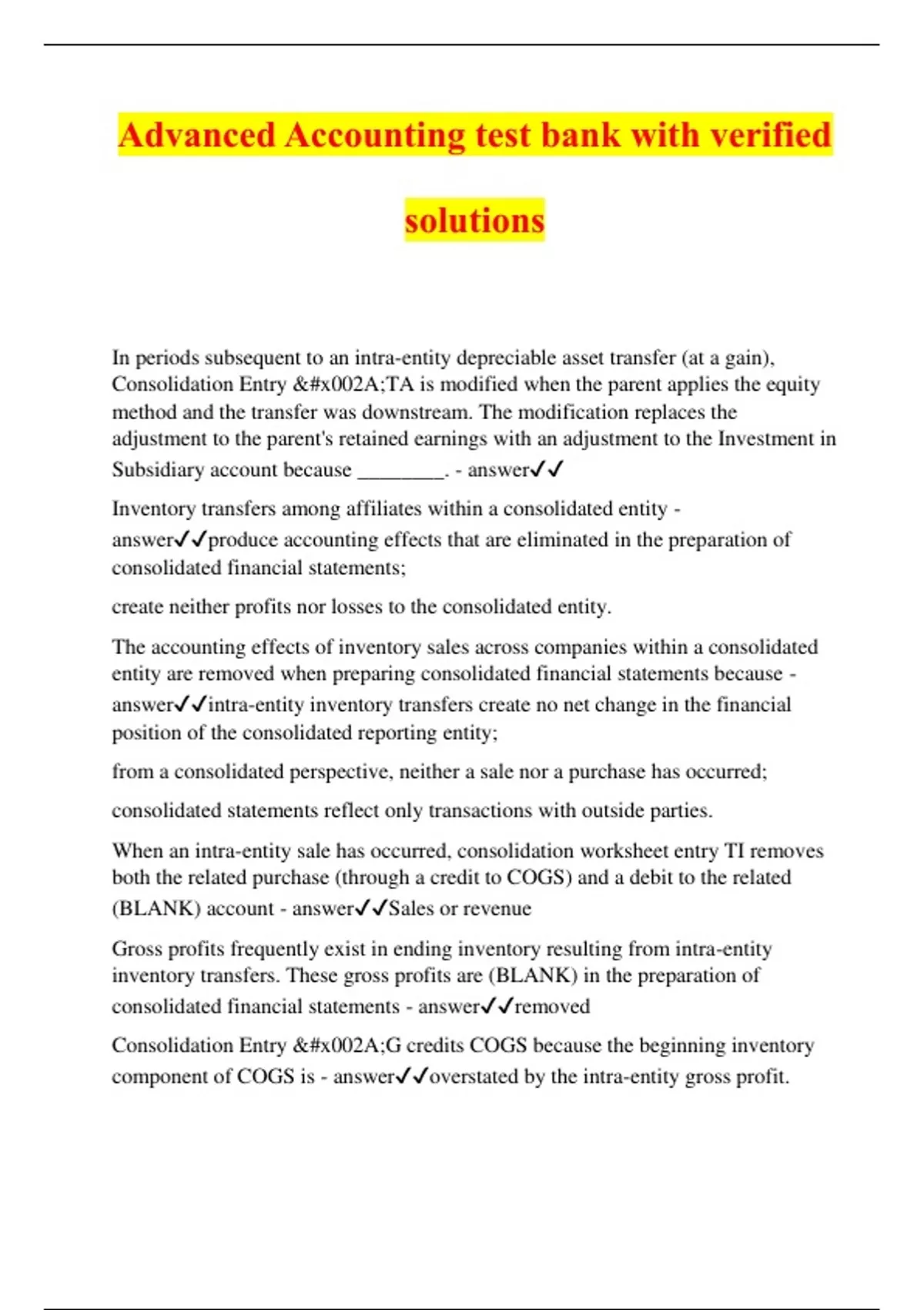 Advanced Accounting test bank with verified solutions - Advanced ...