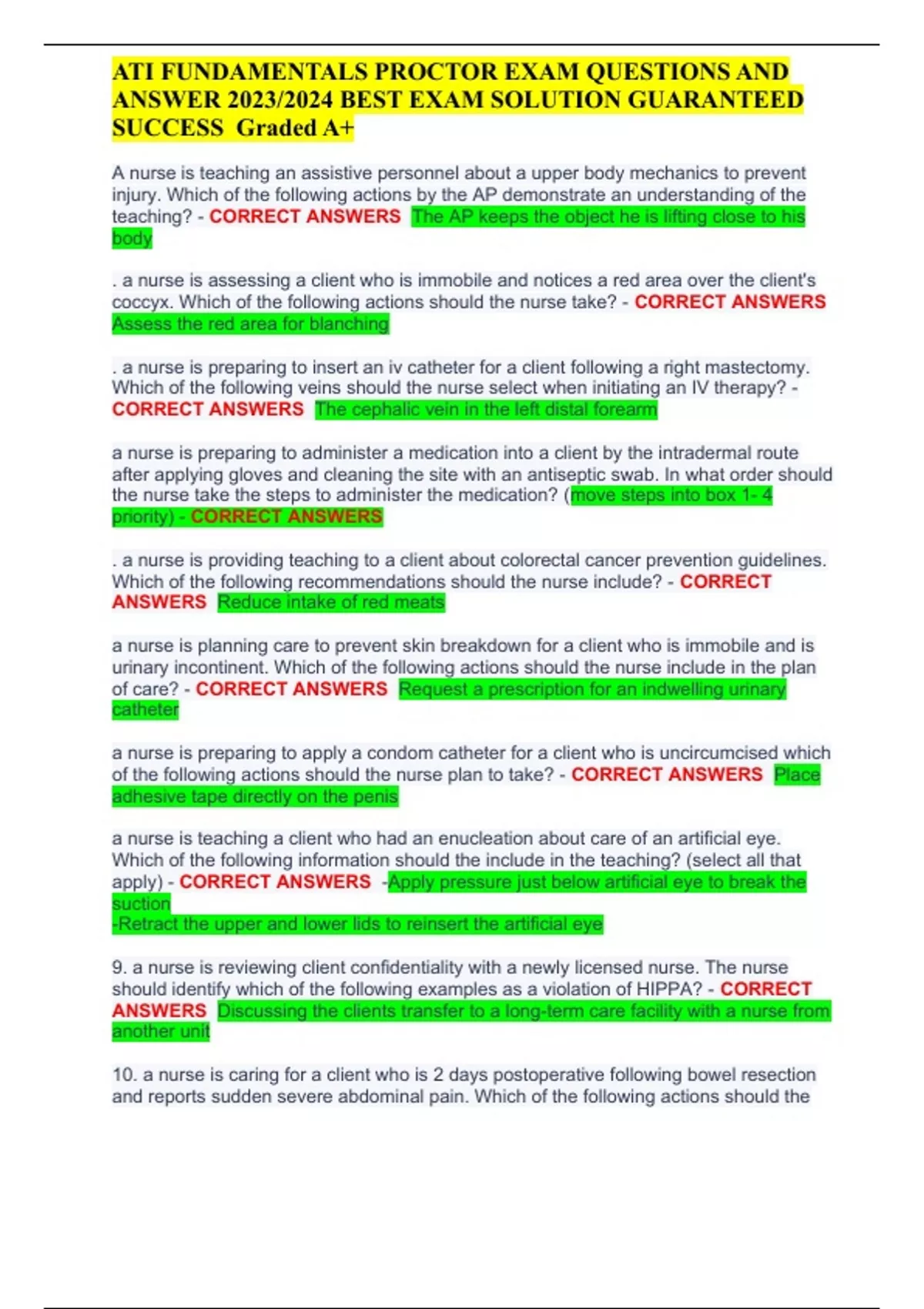 ATI FUNDAMENTALS PROCTOR EXAM QUESTIONS AND ANSWER 2023/2024 BEST EXAM SOLUTION GUARANTEED ...