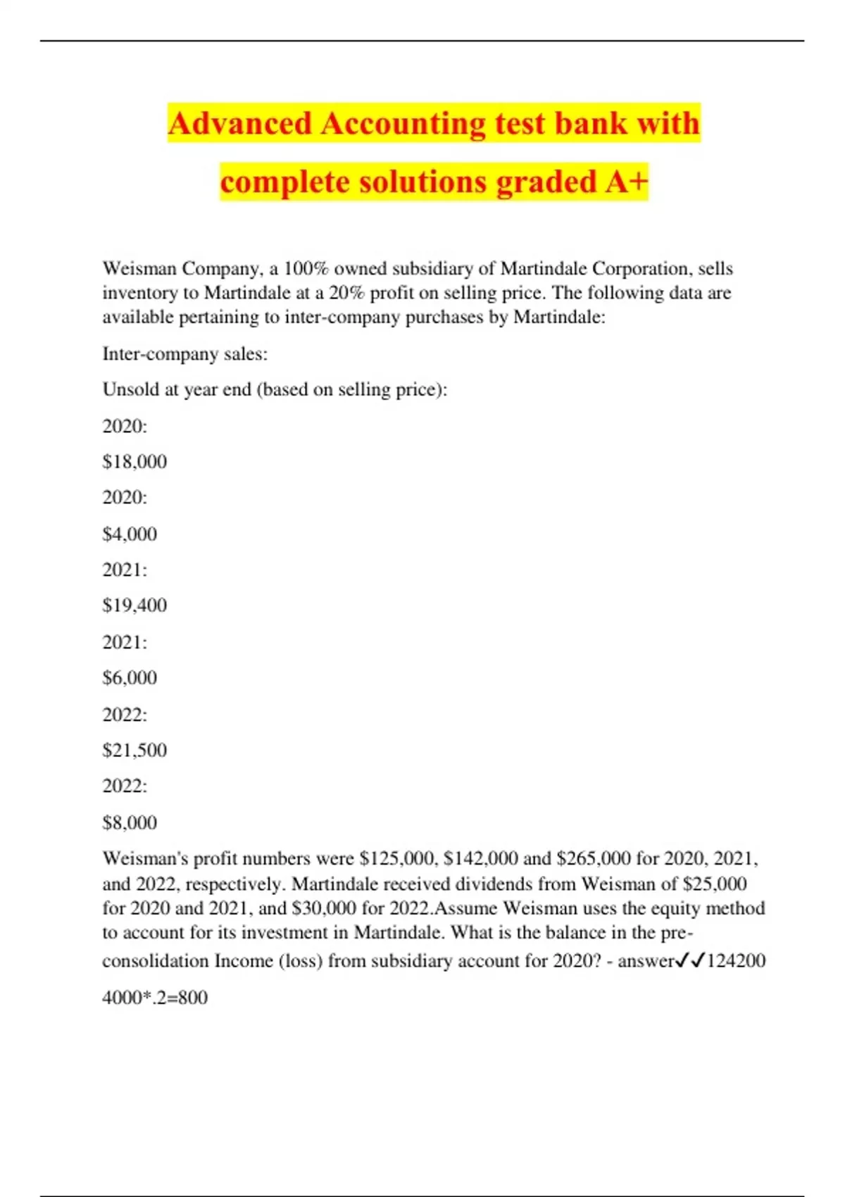 Advanced Accounting test bank with complete solutions graded A+ ...