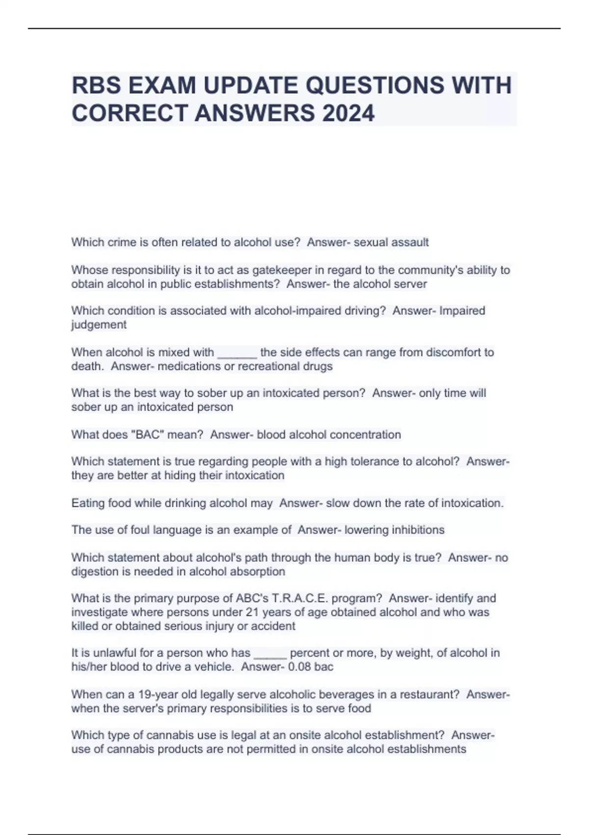 RBS EXAM UPDATE QUESTIONS WITH CORRECT ANSWERS 2024 - Rbs - Stuvia US