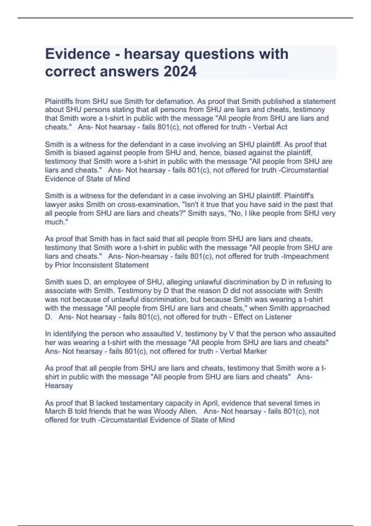 Evidence - hearsay questions with correct answers 2024 - Evidence ...