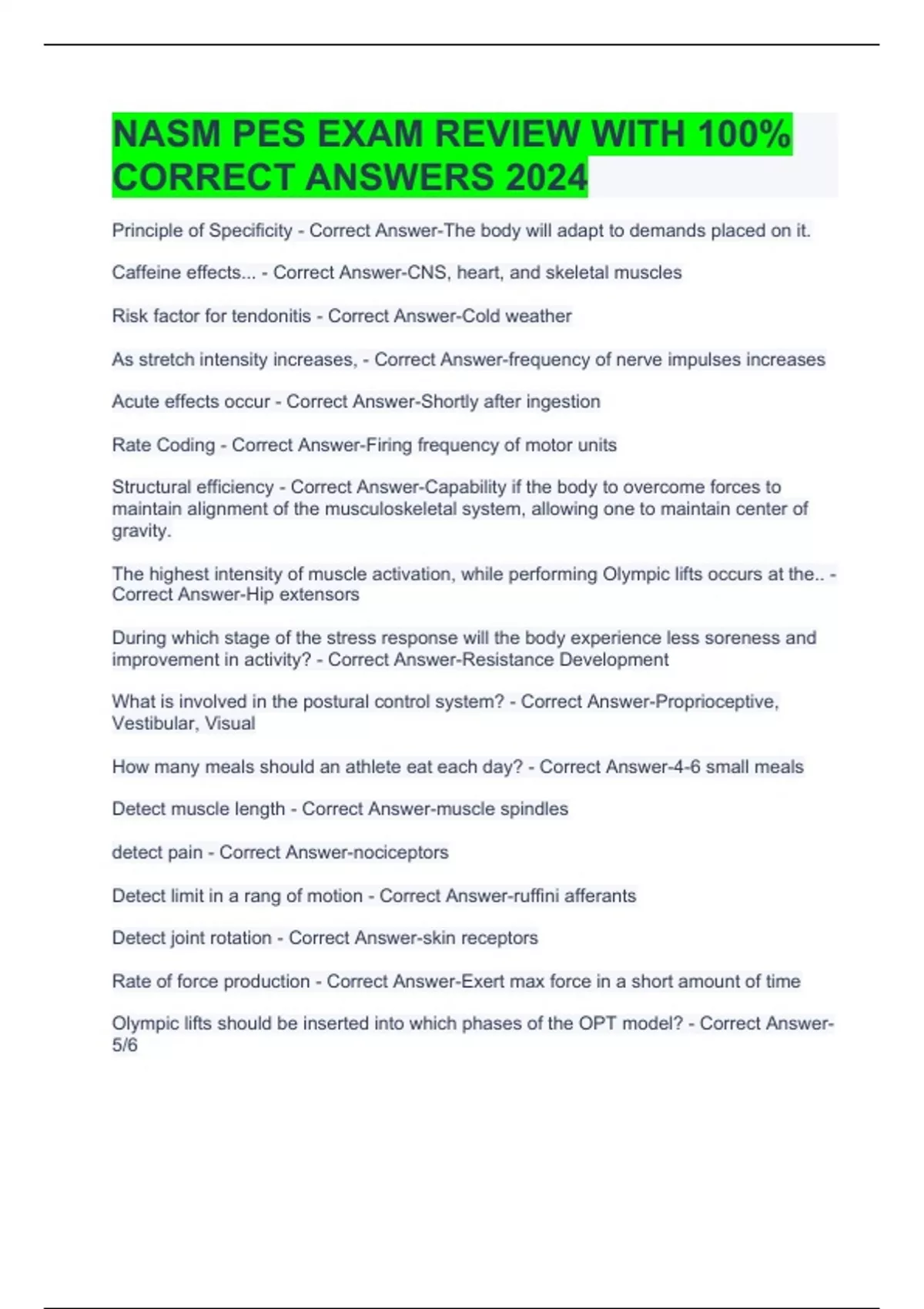 NASM PES EXAM REVIEW WITH 100% CORRECT ANSWERS 2024 - NASM PES - Stuvia US