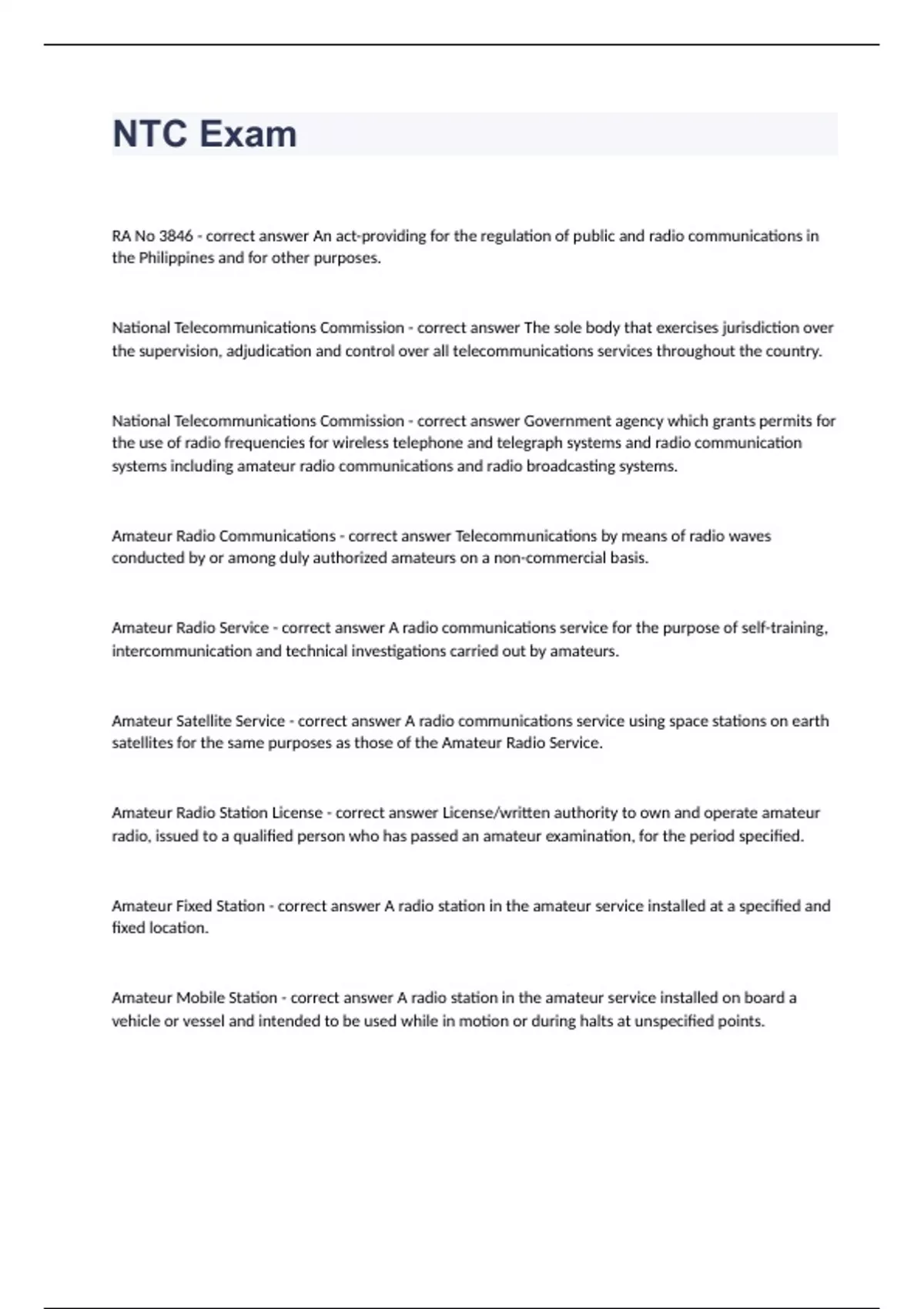 NTC Exam Question and answers already passed 2023/2024 - NTC - Stuvia US