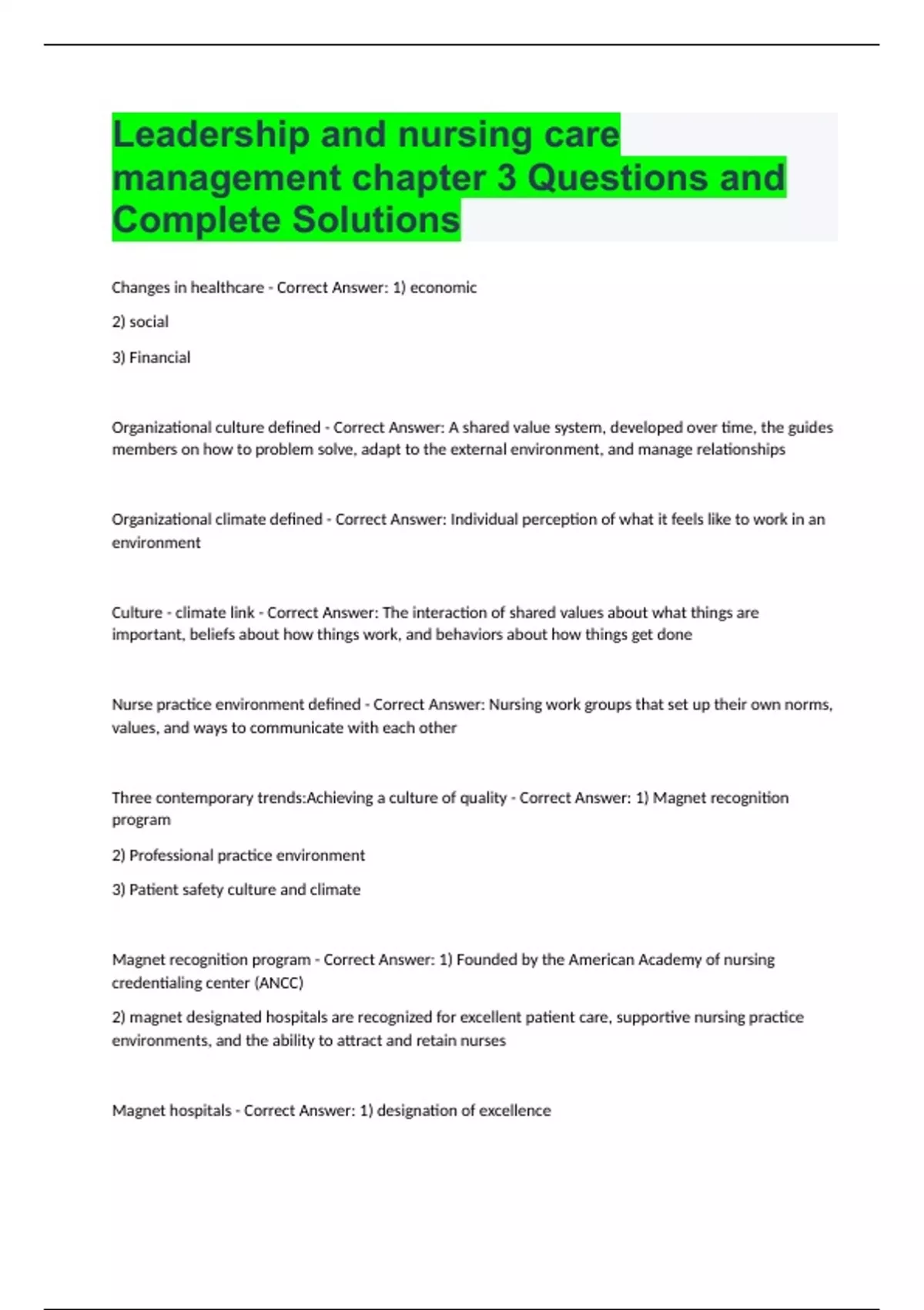 Leadership and nursing care management chapter 3 Questions and Complete ...