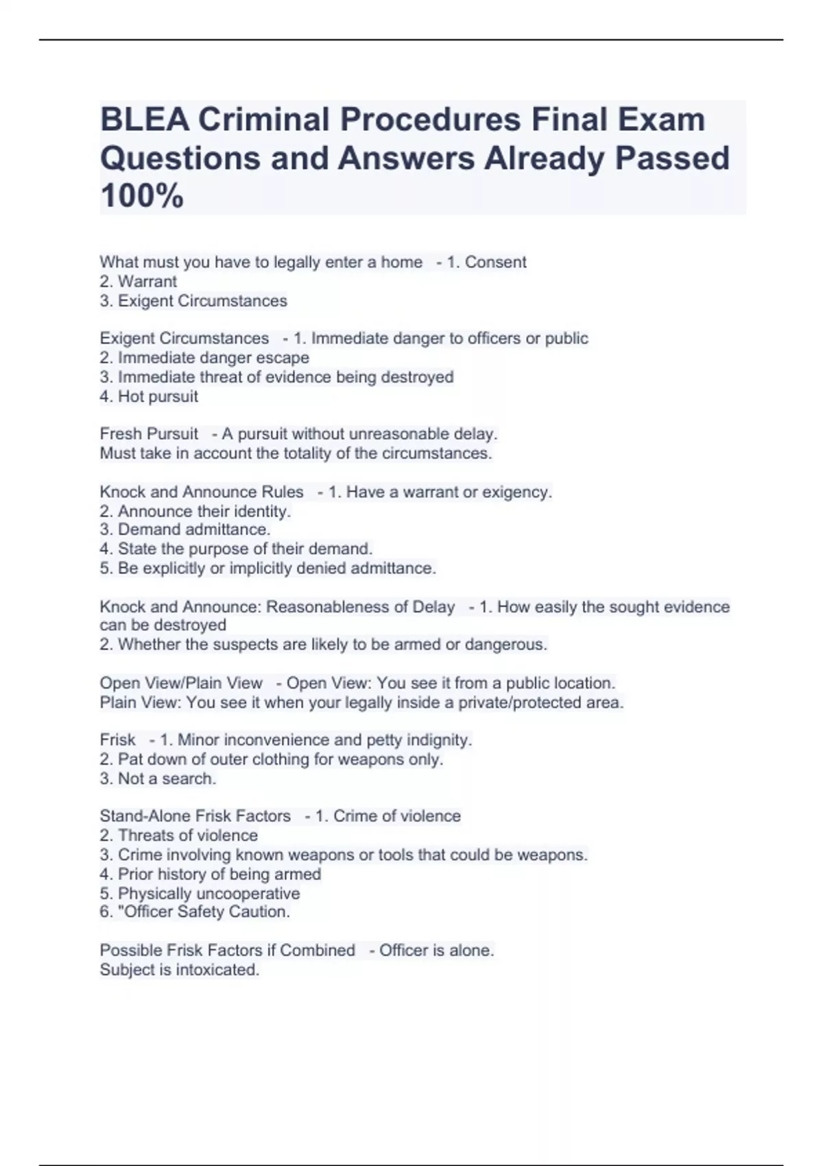 BLEA Criminal Procedures Final Exam Questions and Answers Already Passed 100% - BLEA - Stuvia US