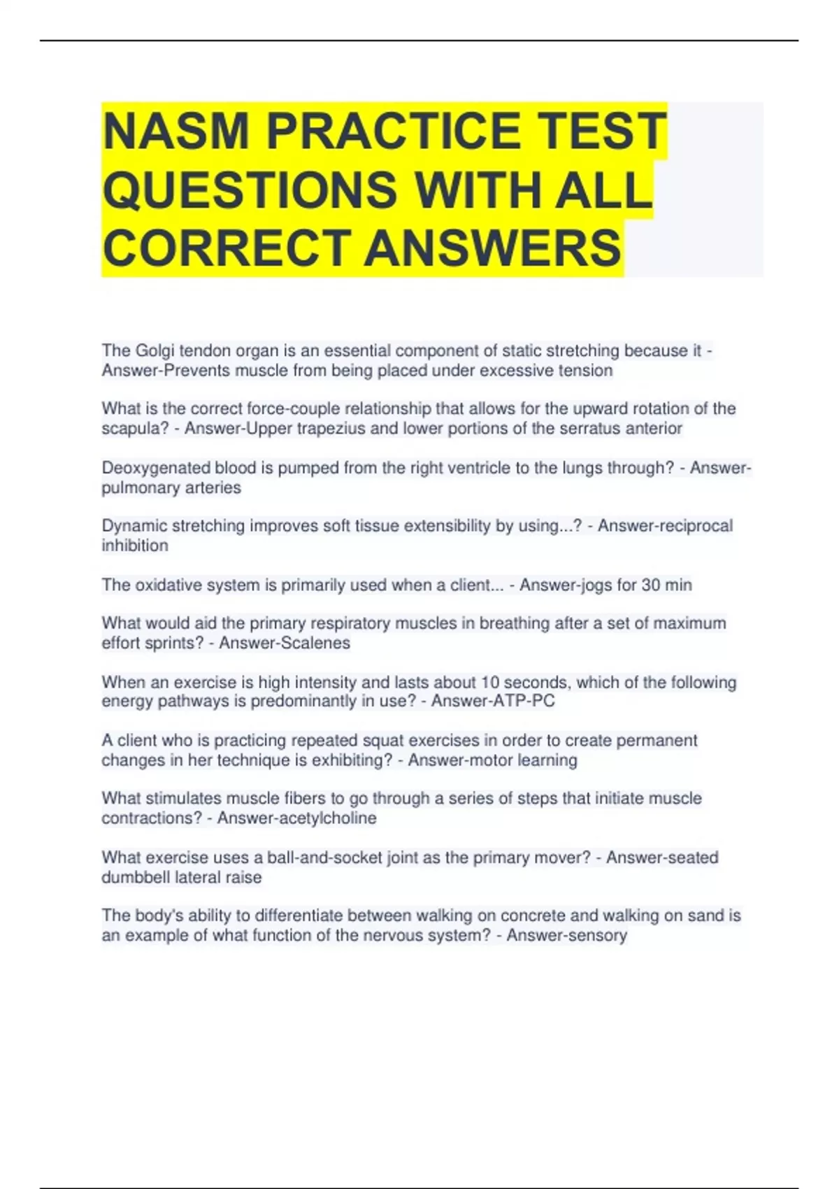 NASM PRACTICE TEST QUESTIONS WITH ALL CORRECT ANSWERS - NASM - Stuvia US