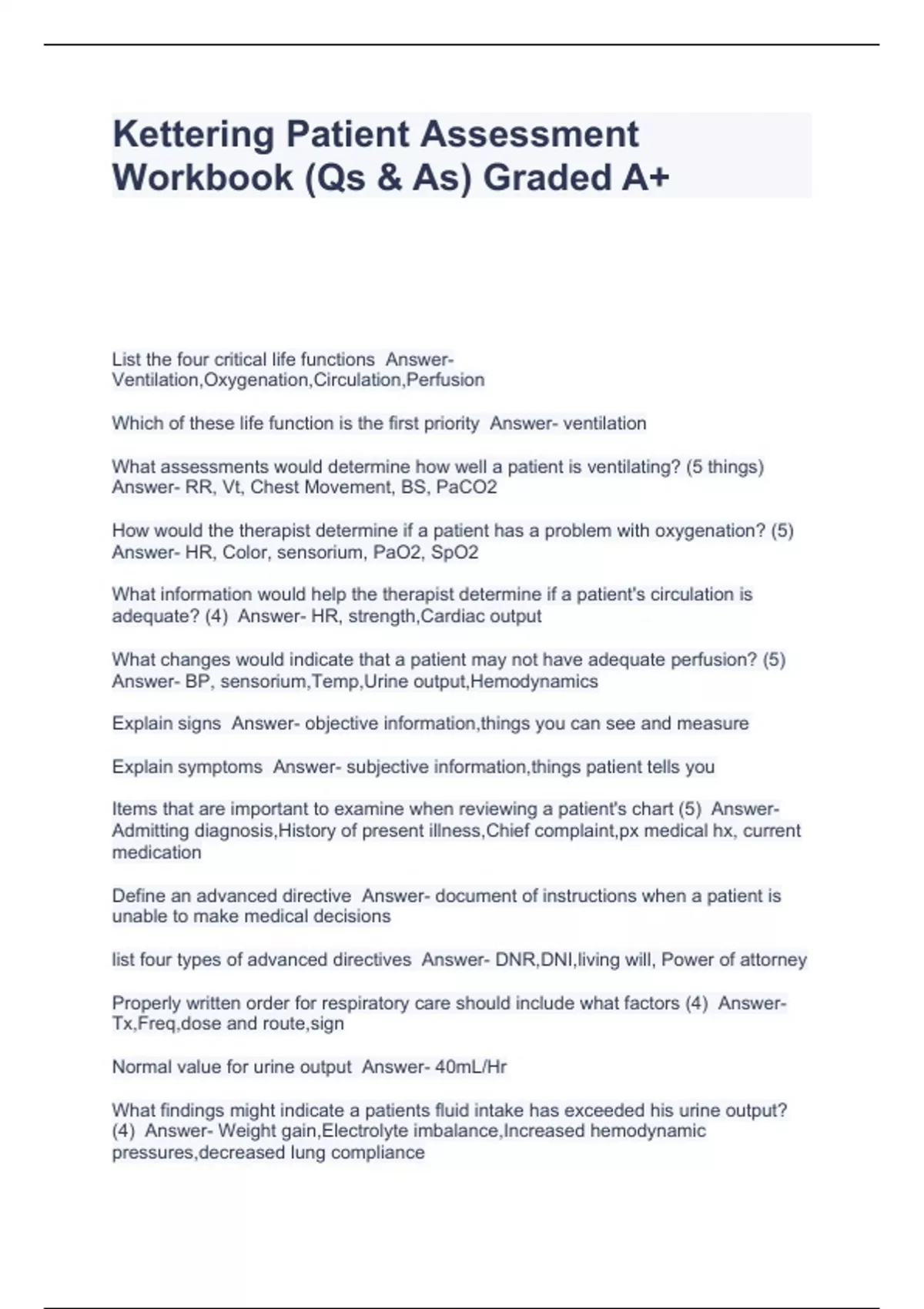 Kettering Patient Assessment Workbook (Qs & As) Graded A+ - Kettering ...