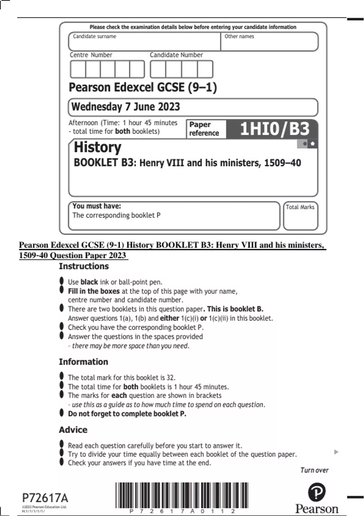 Pearson Edexcel GCSE (9–1) History BOOKLET B3: Henry VIII and his ...
