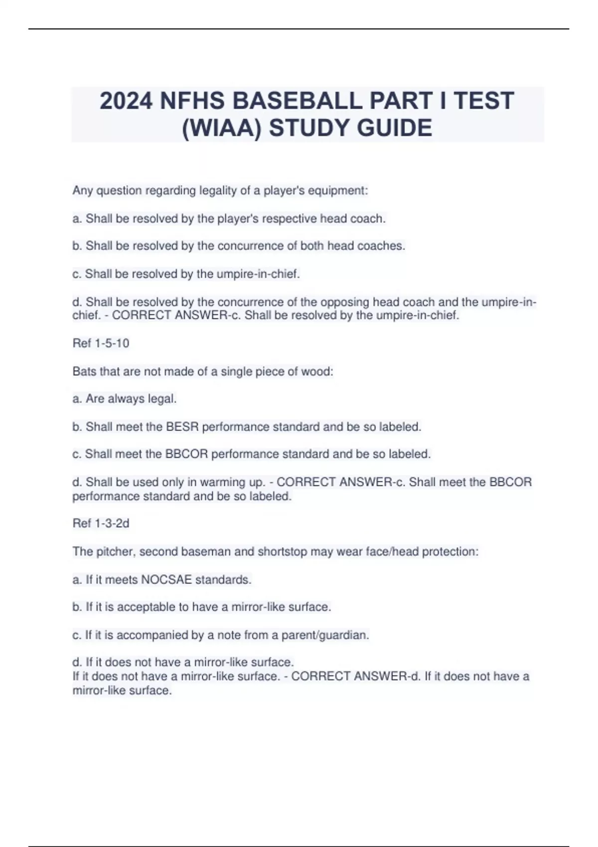 2024 NFHS BASEBALL PART I TEST (WIAA) STUDY GUIDE - NFHS Baseball ...