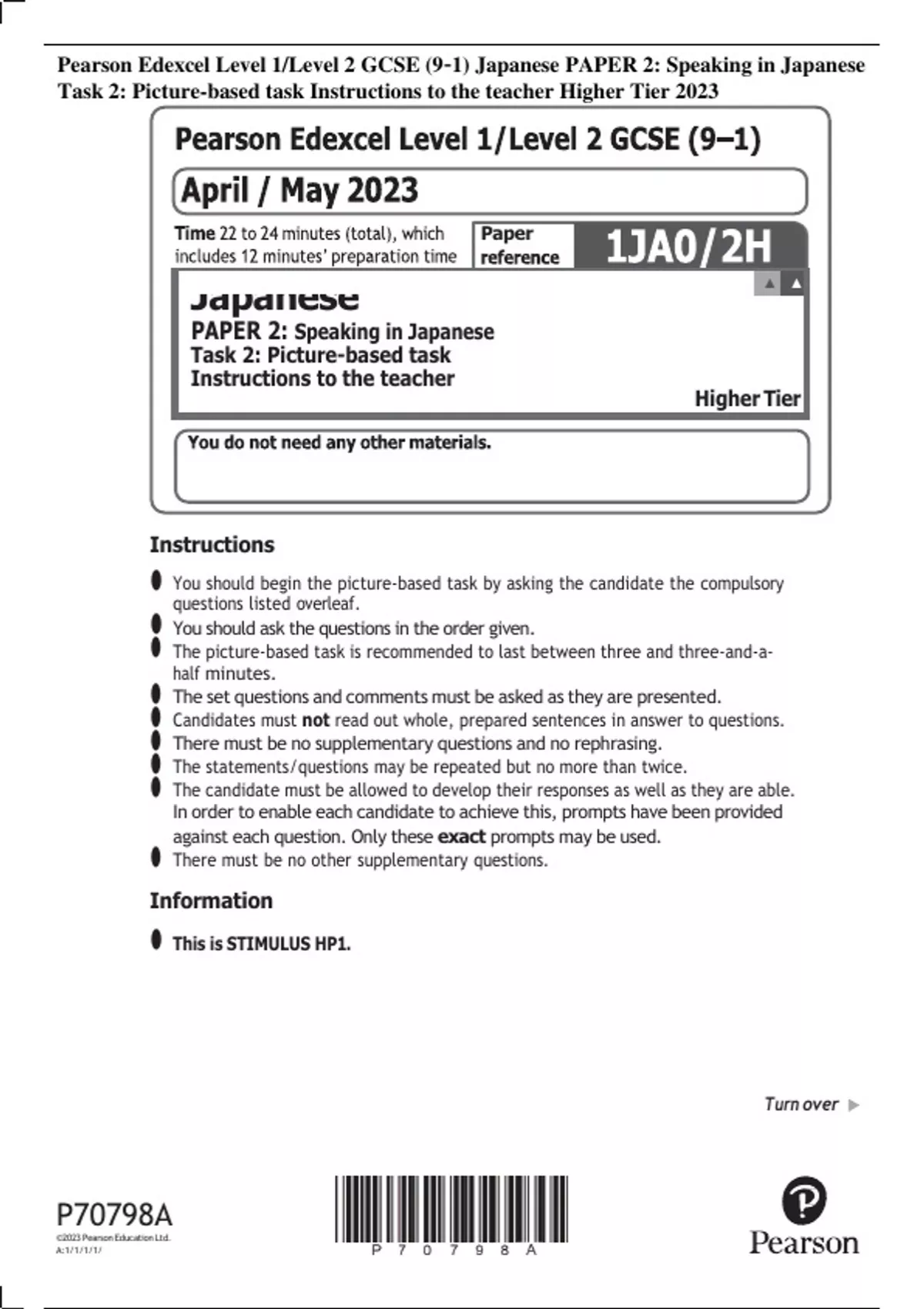 Pearson Edexcel Level 1/Level 2 GCSE (9–1) Japanese PAPER 2: Speaking ...