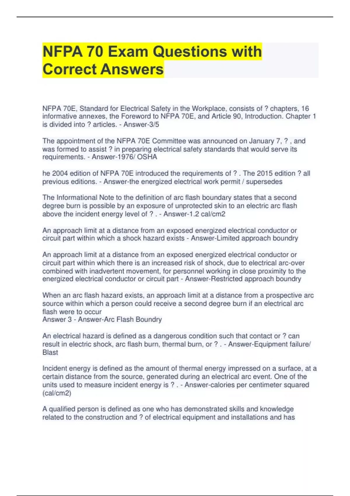 Bundle For NFPA 70 Exam Questions with Correct Answers - Stuvia US