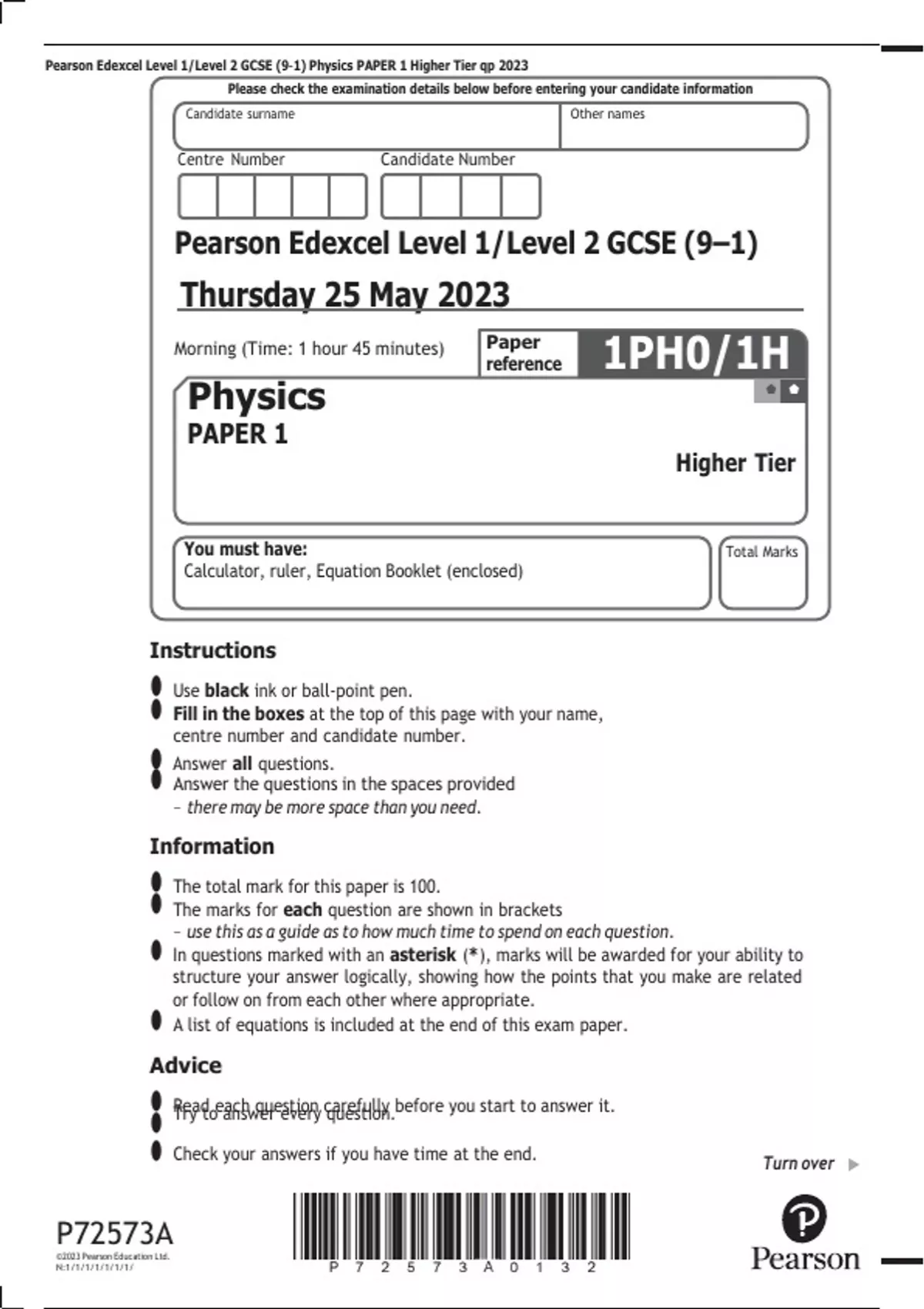 Pearson Edexcel Level 1/Level 2 GCSE (9–1) Physics PAPER 1 Higher Tier ...