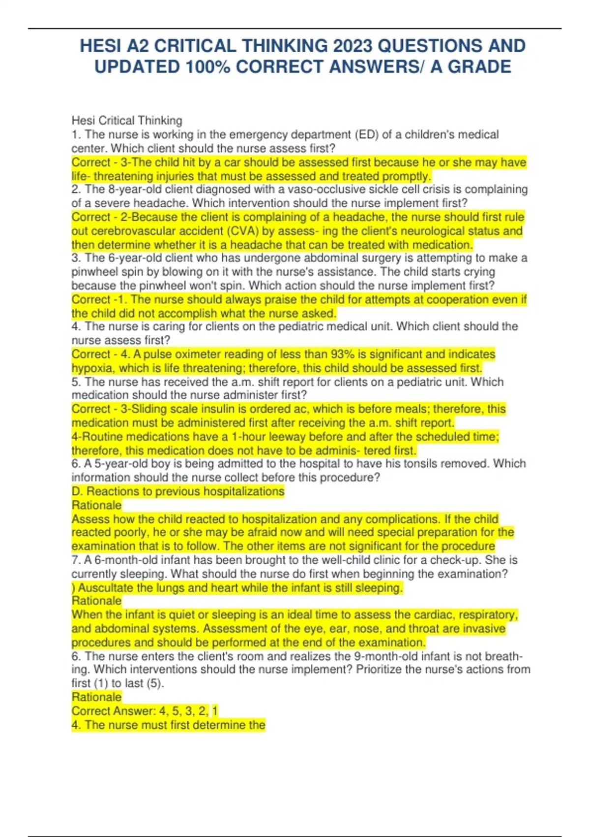 HESI A2 CRITICAL THINKING 2023 QUESTIONS AND UPDATED 100% CORRECT ...