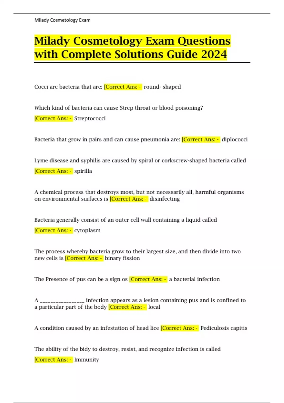 Milady Cosmetology Exam Questions with Complete Solutions Guide 2024 ...