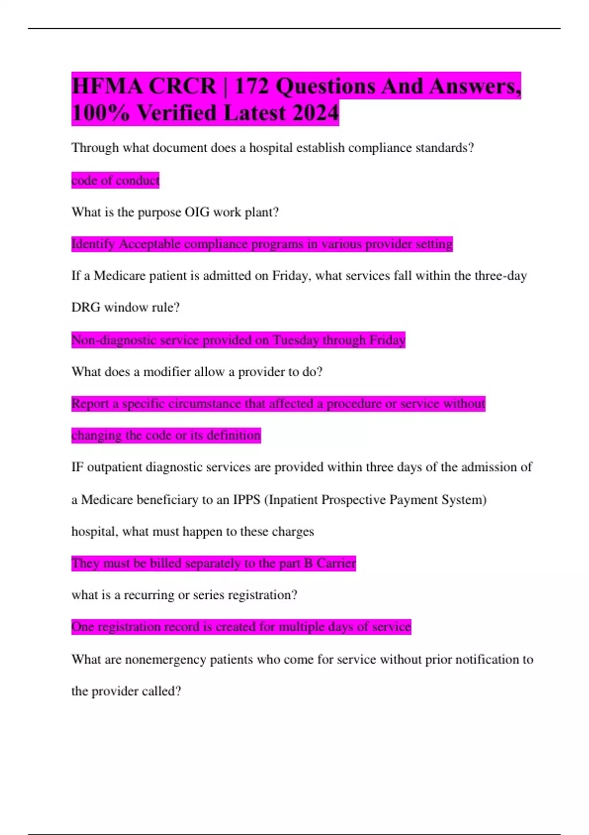 HFMA CRCR | 172 Questions And Answers, 100% Verified Latest 2024 - HFMA ...