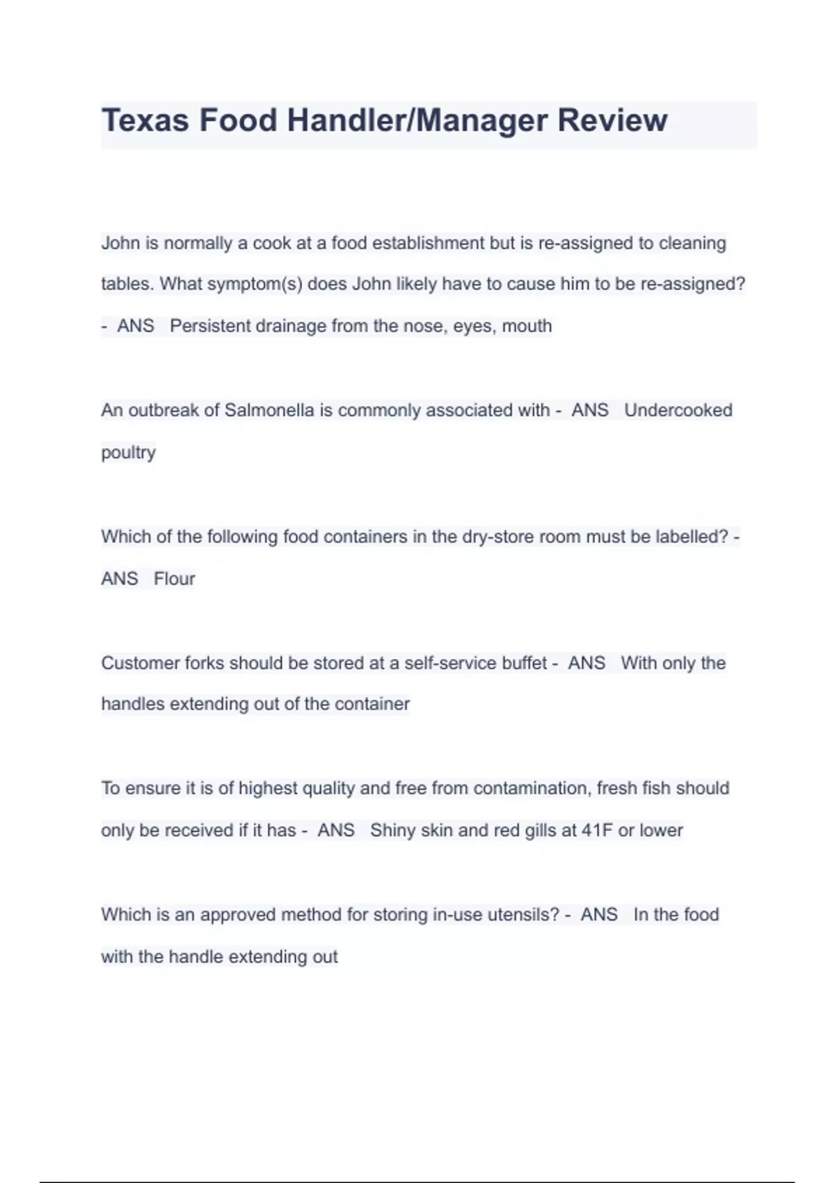 Texas Food Handler/Manager Review QUESTIONS & ANSWERS 2024( A+ GRADED ...