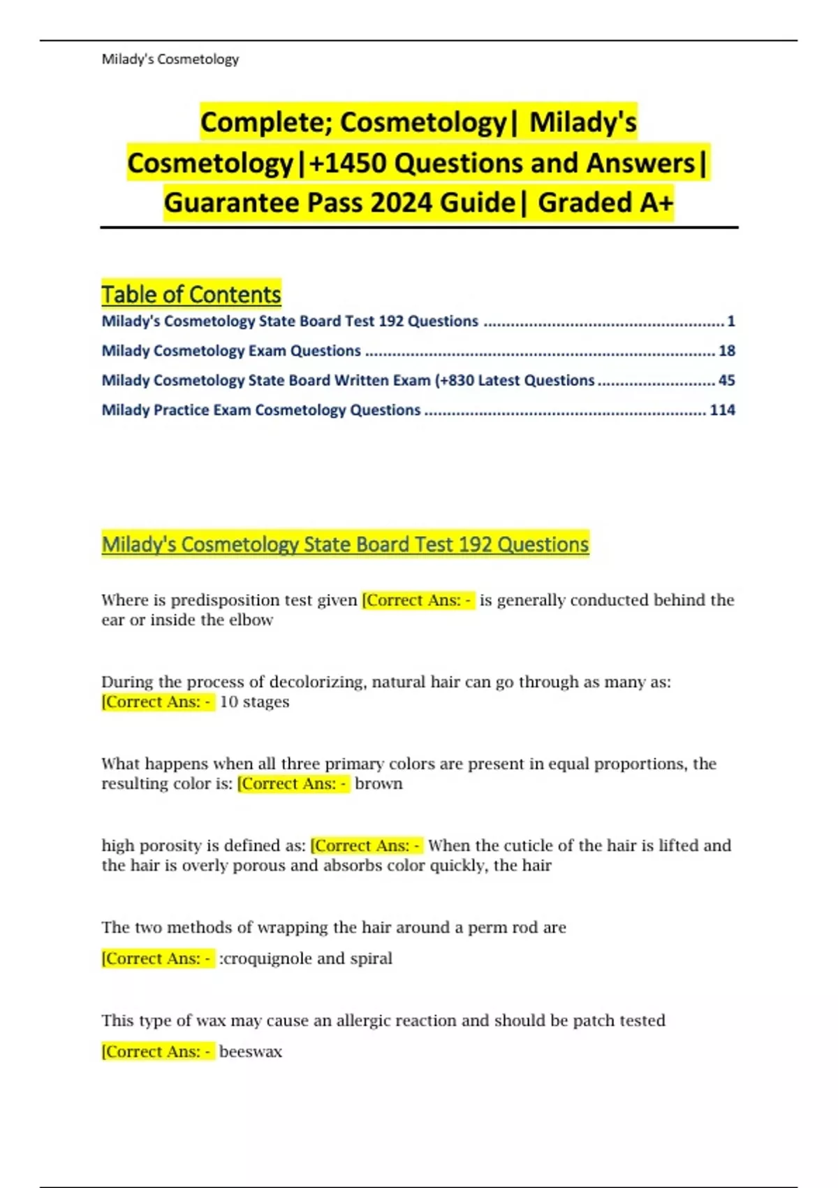 Complete; Cosmetology| Milady's Cosmetology|+1450 Questions and Answers ...