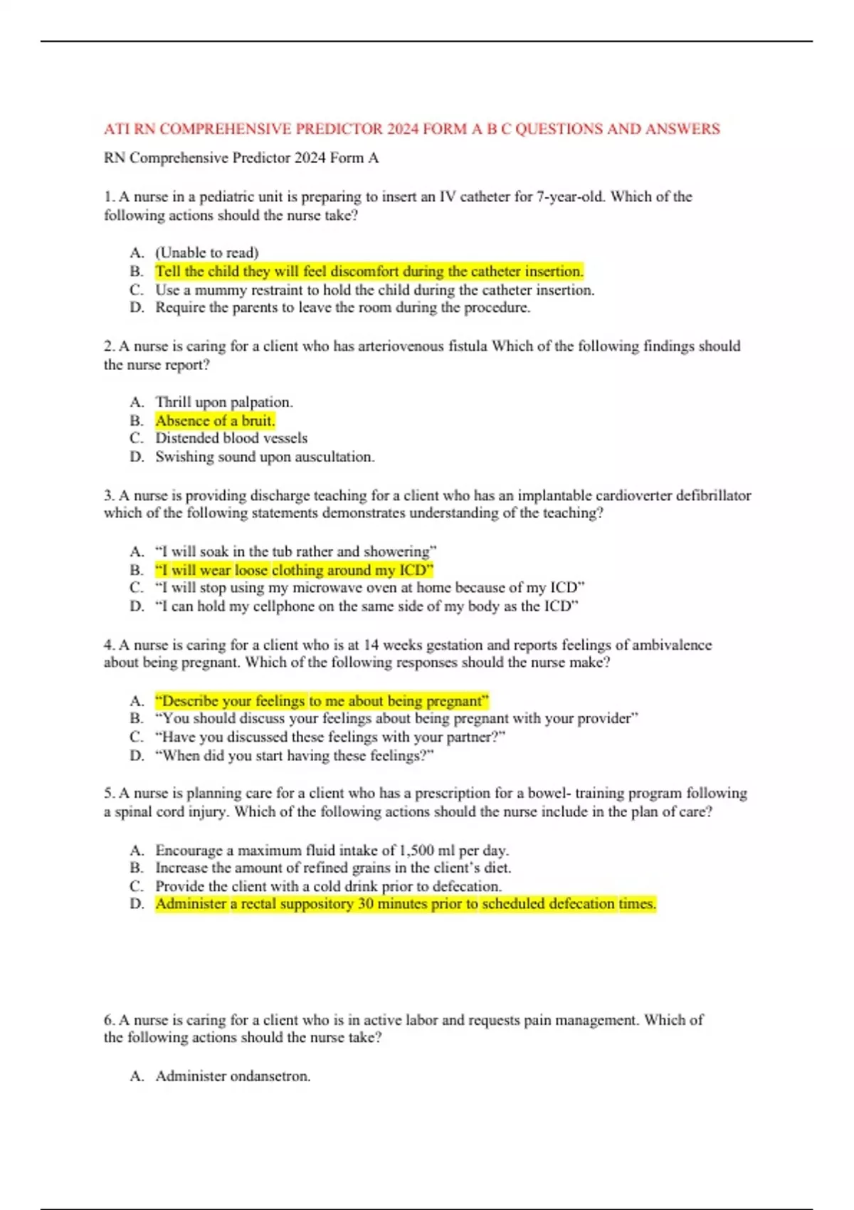 ATI RN COMPREHENSIVE PREDICTOR 2024 FORM A B C QUESTIONS AND ANSWERS ...