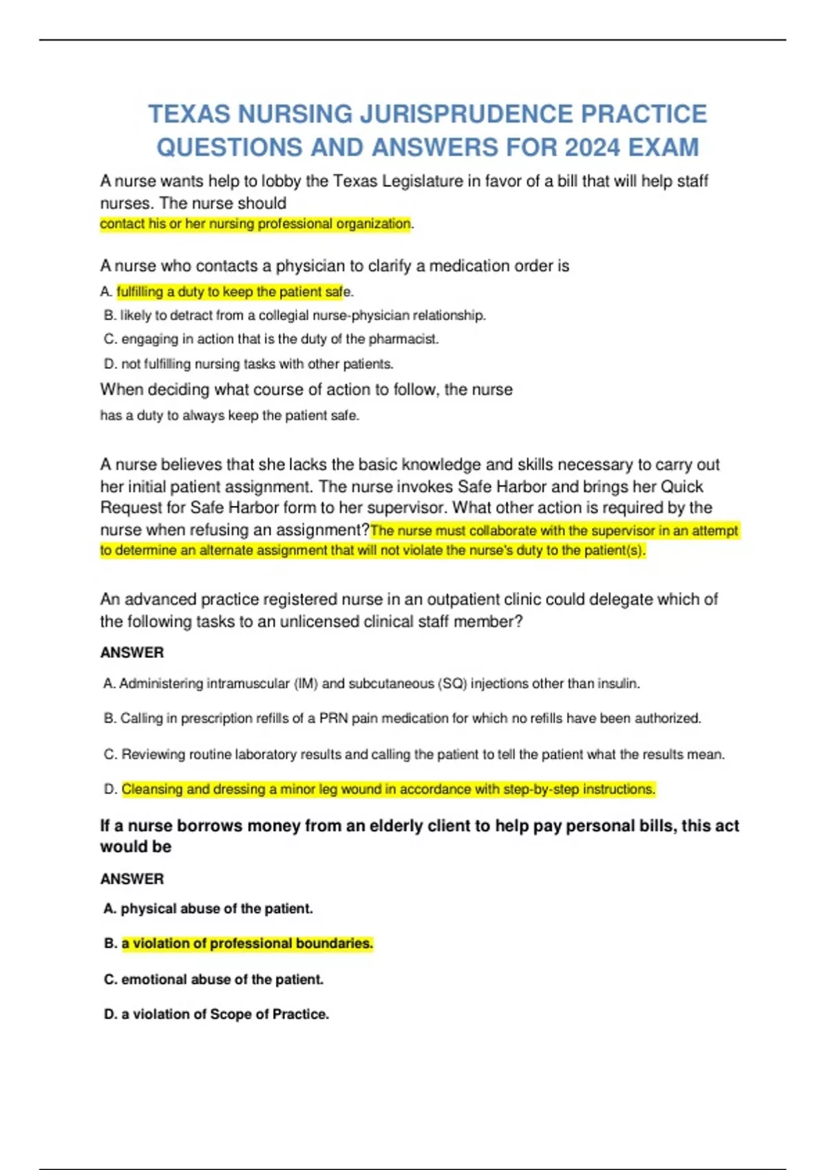 TEXAS NURSING JURISPRUDENCE PRACTICE QUESTIONS AND ANSWERS FOR 2024 ...