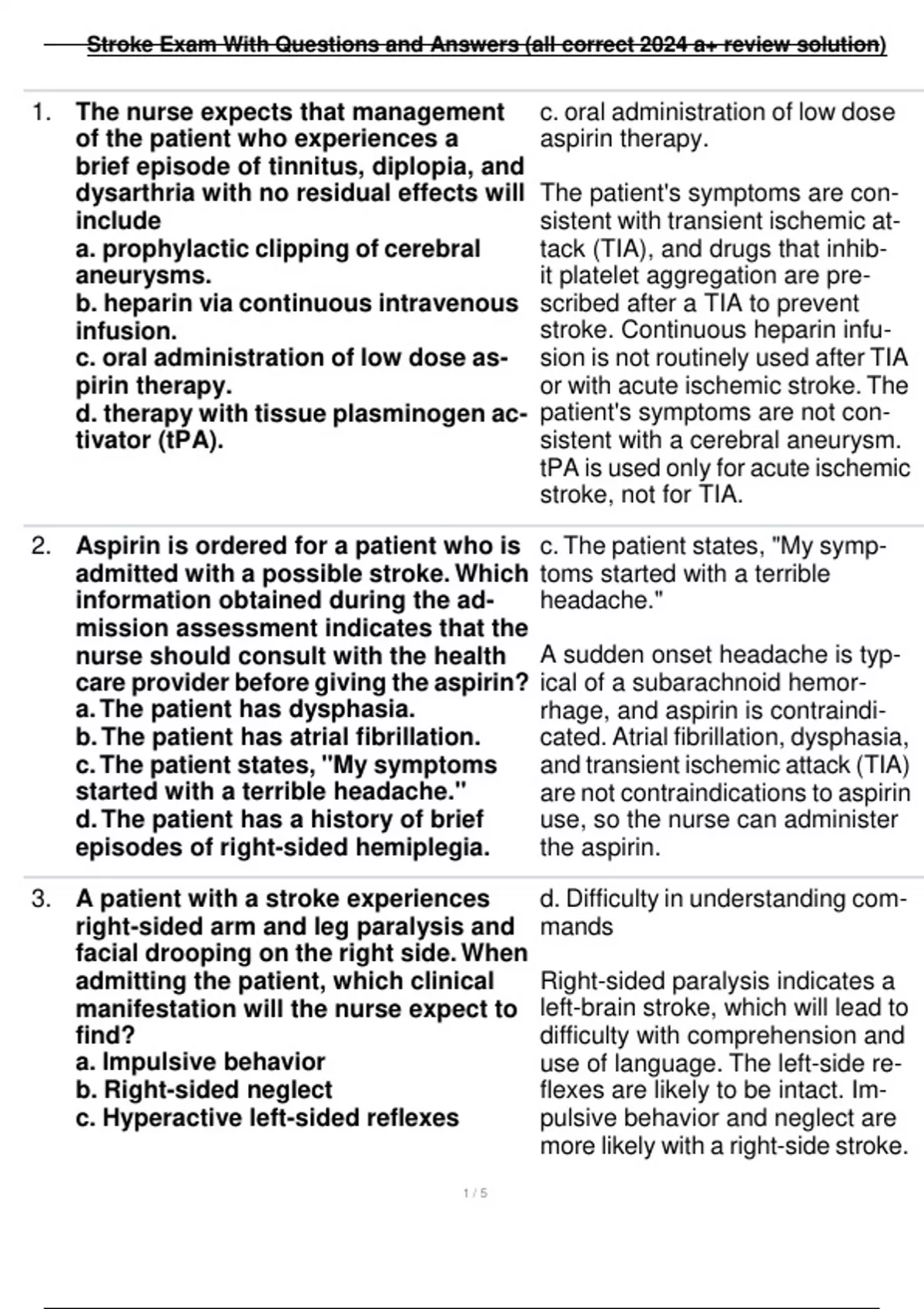 Stroke Exam With Questions and Answers (all correct 2024 a+ review ...