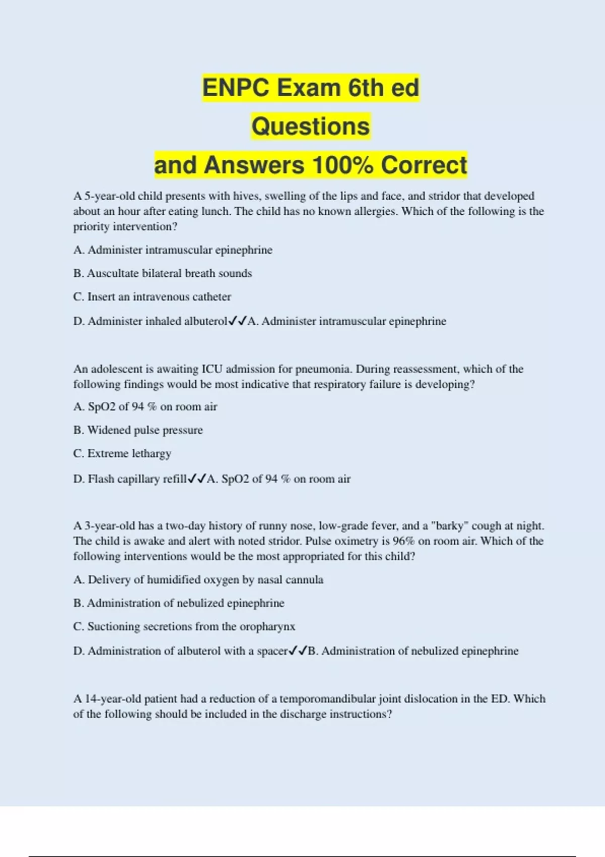 ENPC Exam 6th ed Questions and Answers 100% Correct - ENPC - Stuvia FR