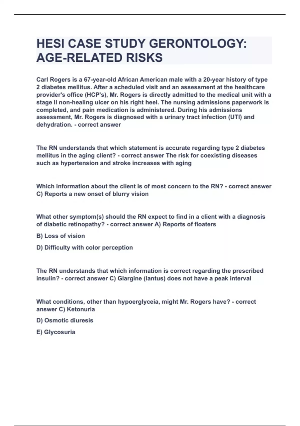 HESI CASE STUDY GERONTOLOGY: AGE-RELATED RISKS - Hesi - Stuvia US