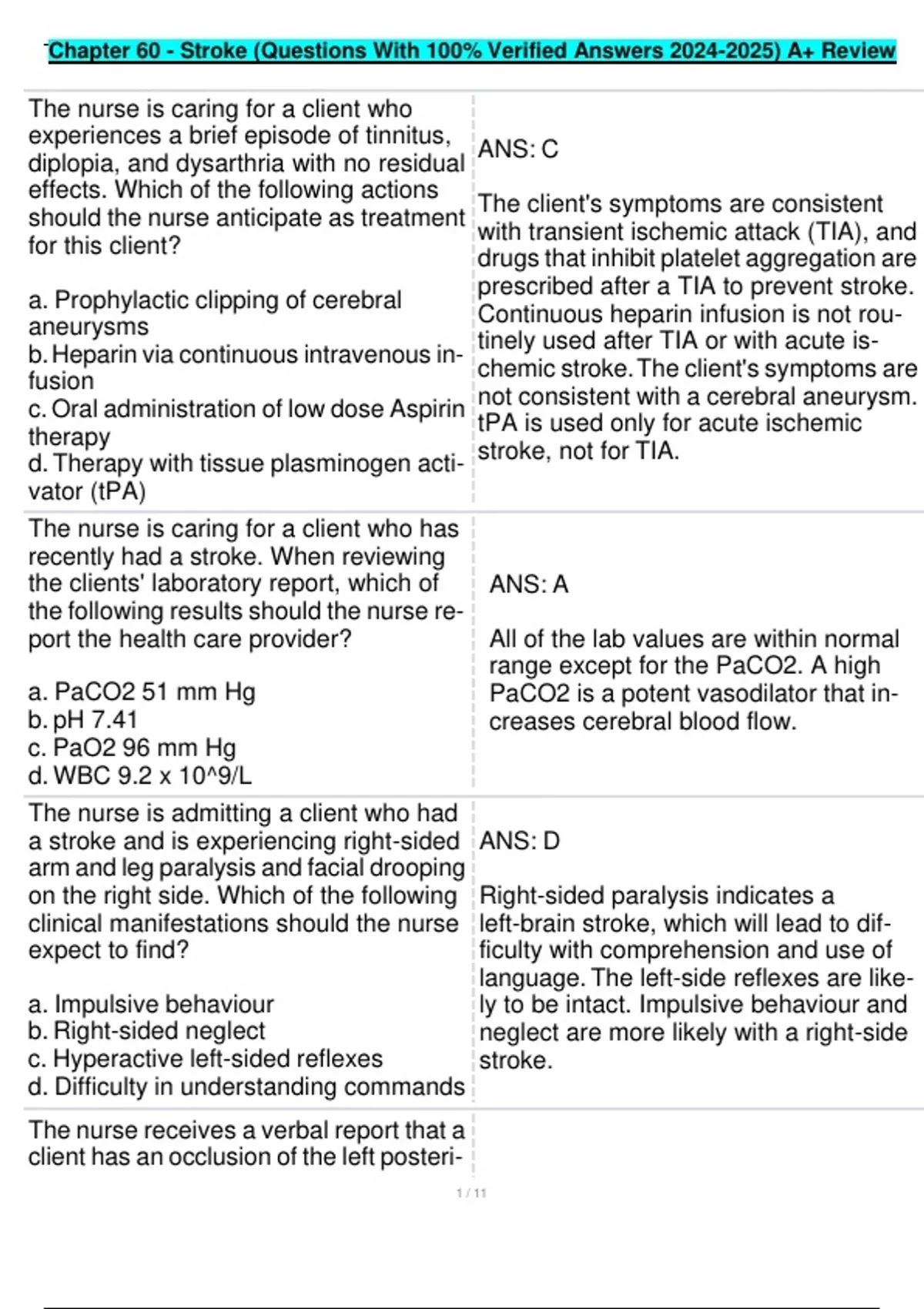 Chapter 60 - Stroke (Questions With 100% Verified Answers ) A+ Review ...