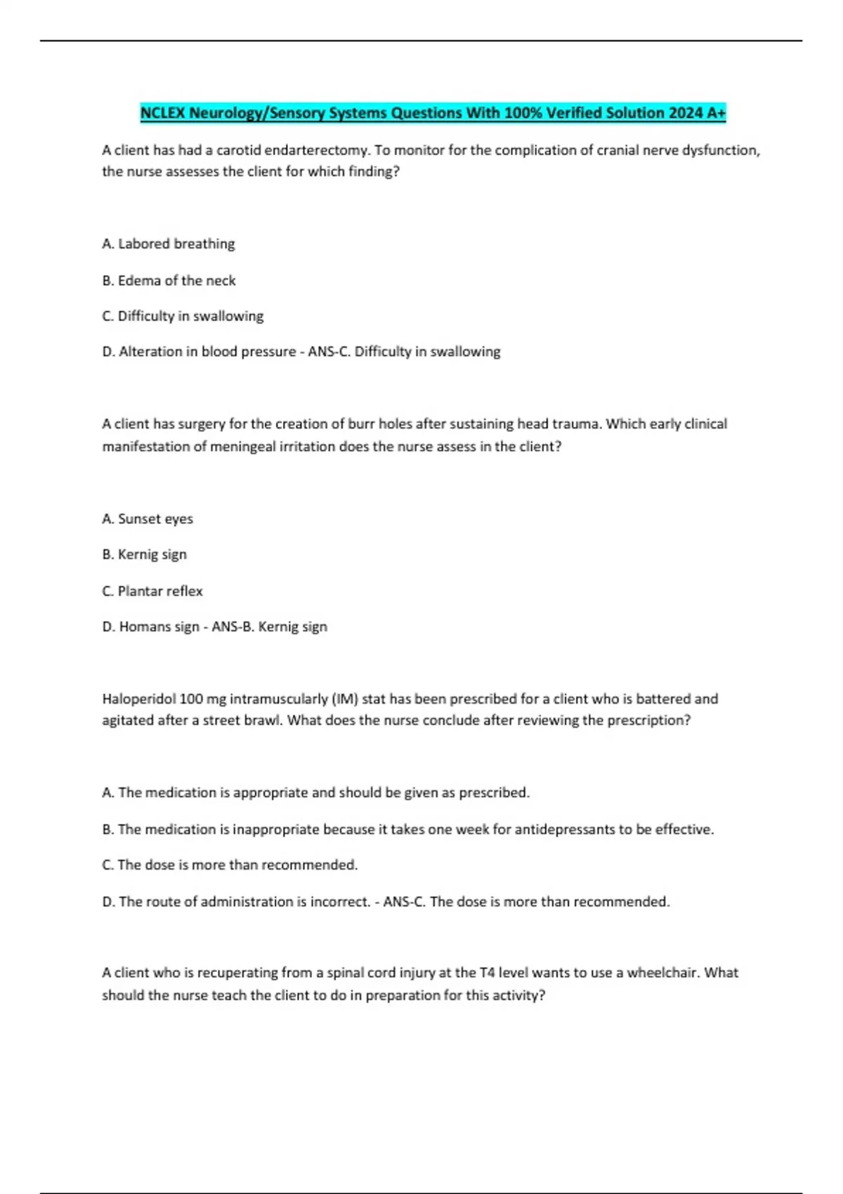 NCLEX Neurology/Sensory Systems Questions With 100% Verified Solution ...